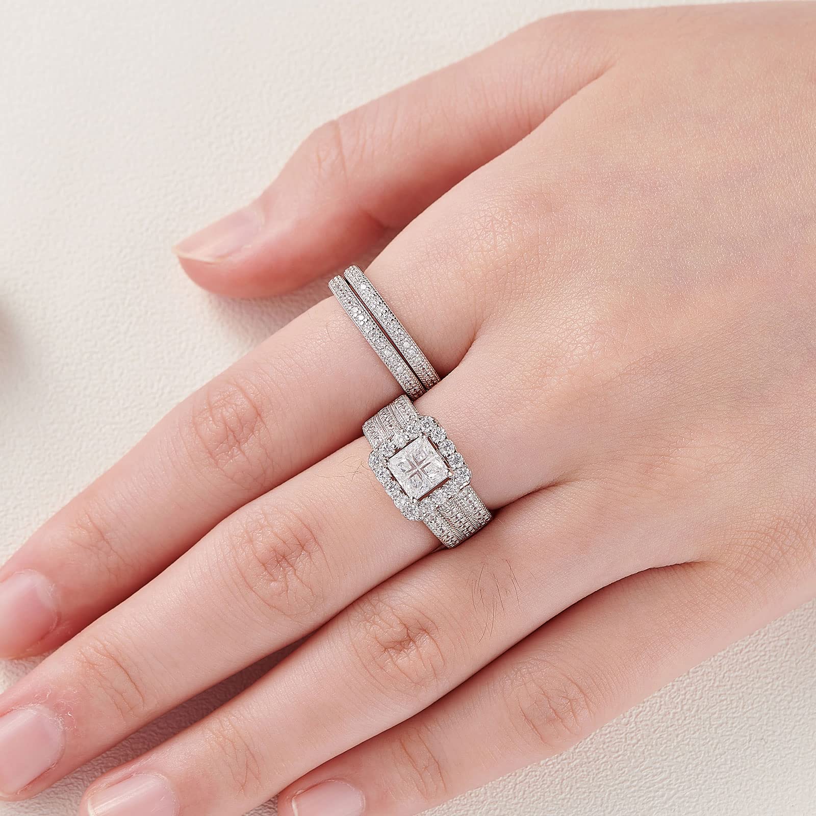 Newshe Engagement Rings for Women Wedding Ring Sets Princess Sterling Silver Cz 2Ct Cross Size 5-10 (7)