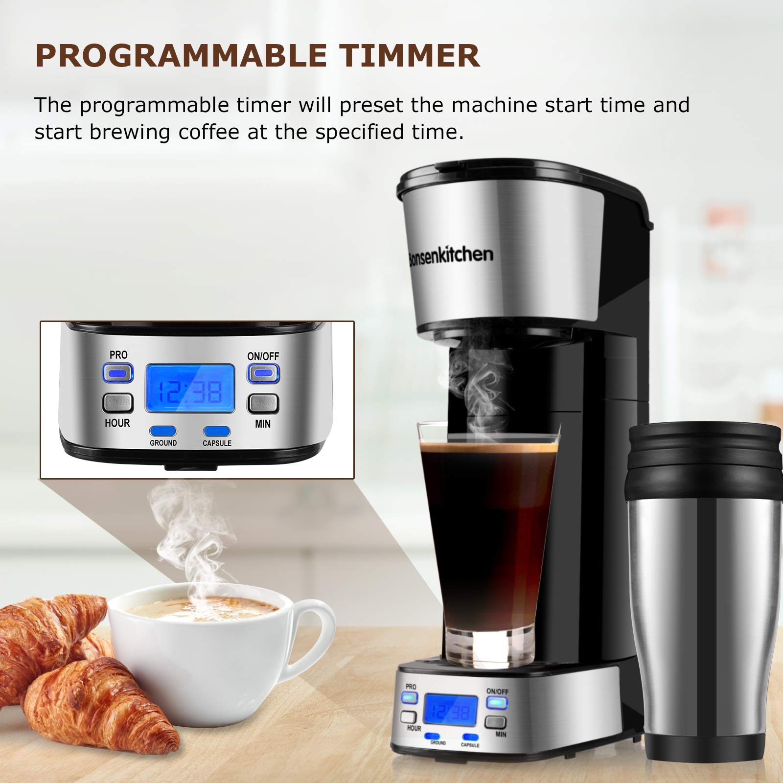 Programmable Single Serve Coffee Makers With Portable Travel Mug Compatible with K Cup Pod & Coffee Ground, Mini 2-In-1 Coffee Machines with Brew Strength Control, Personal Compact Coffee Brewer 14 Oz