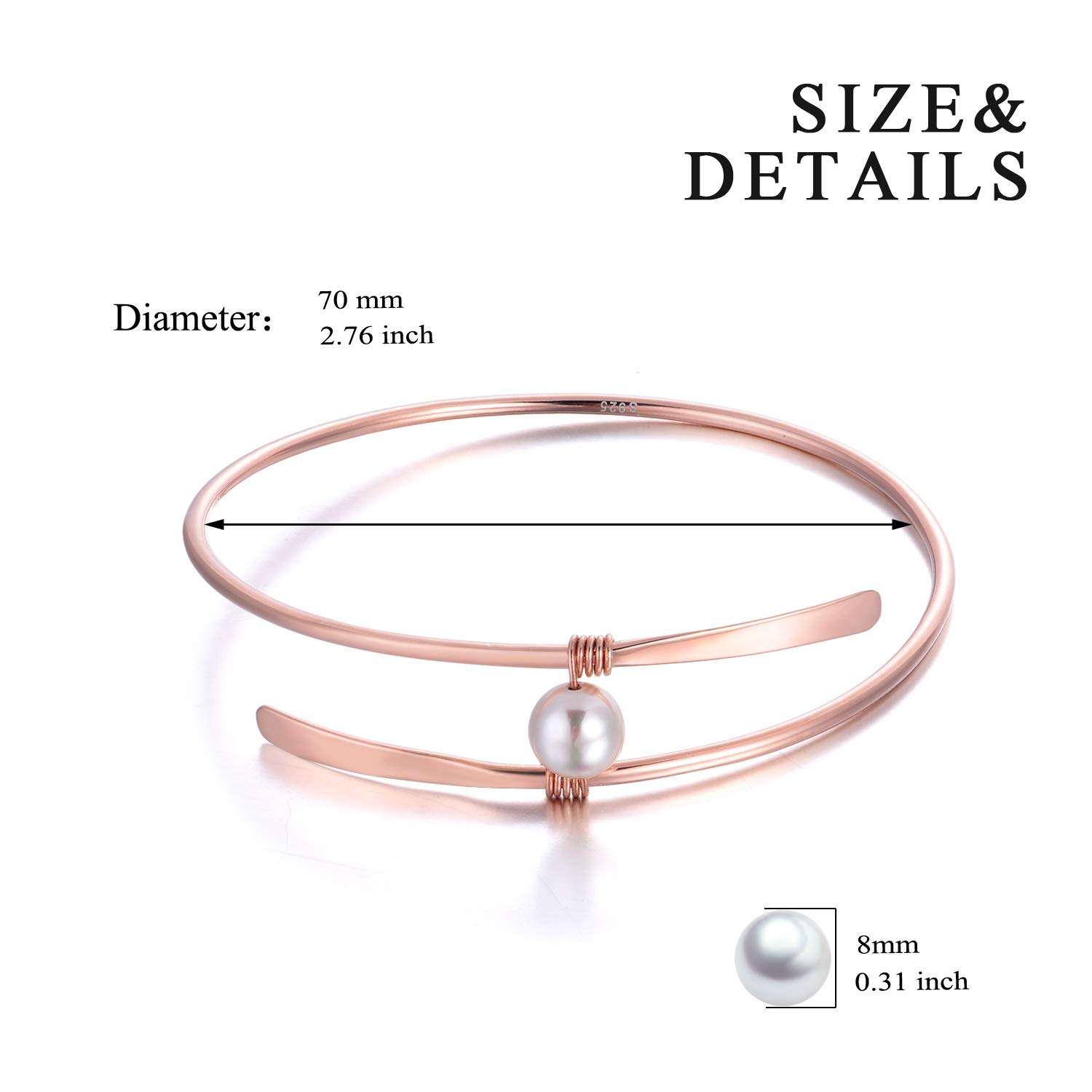 POPLYKE Sterling Silver 18K Rose Gold Single Freshwater Pearl Bangle Bracelets Wedding Bridesmaids for Women Mom (18k rose gold bangle)