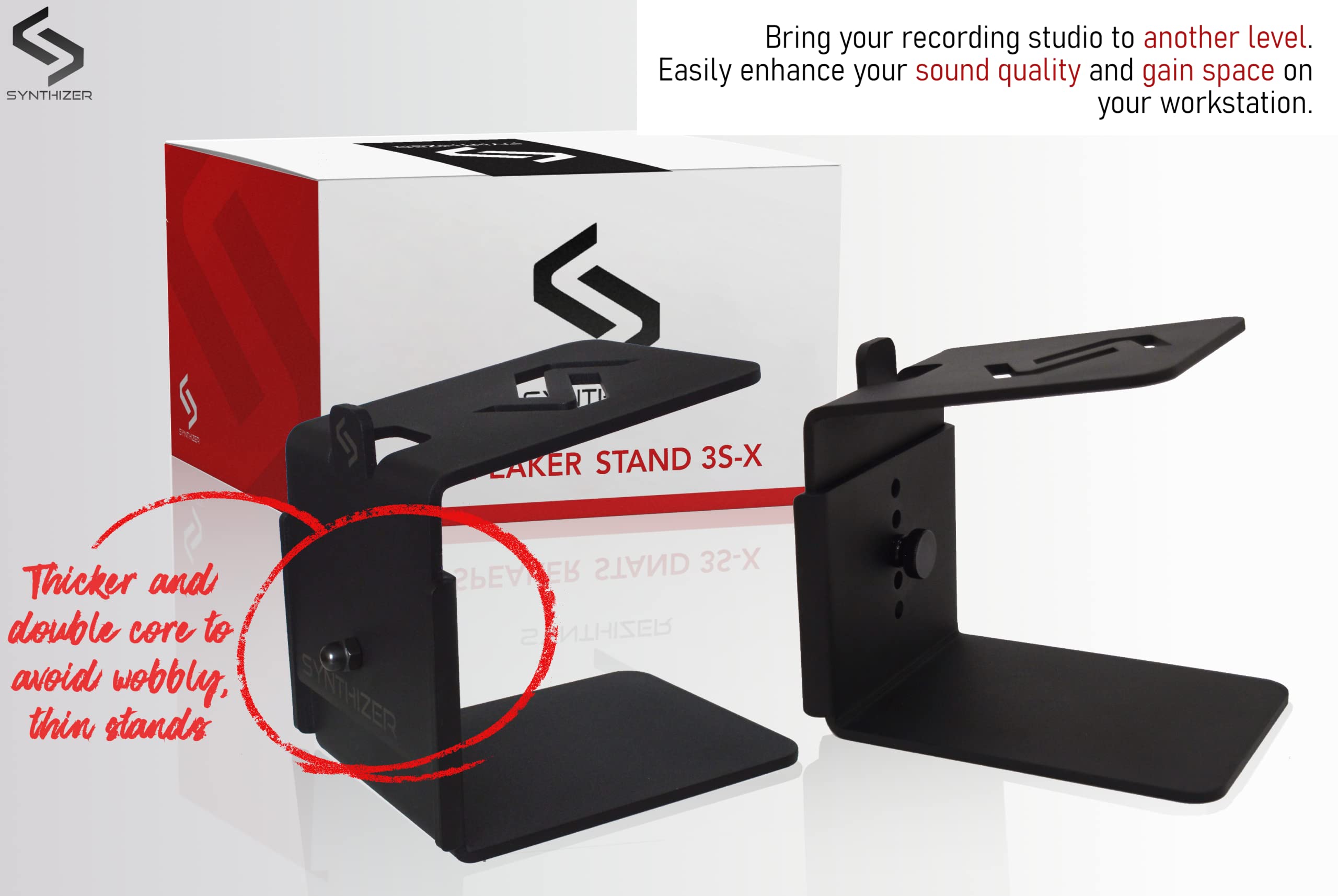 Synthizer Desktop Speaker Stands, Pair of Adjustable Monitor Speaker Riser up to 20lbs Capacity per Desk Speaker Stand with Small Audio Isolation Pads Included (Black)