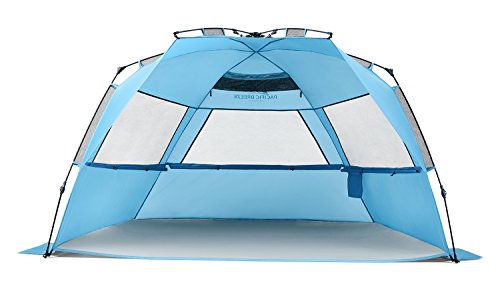 Pacific Breeze Easy Setup Beach Tent Deluxe XL with extendable floor for privacy, SPF 50+ Pop Up Beach Tent provides shade for 4 or more people