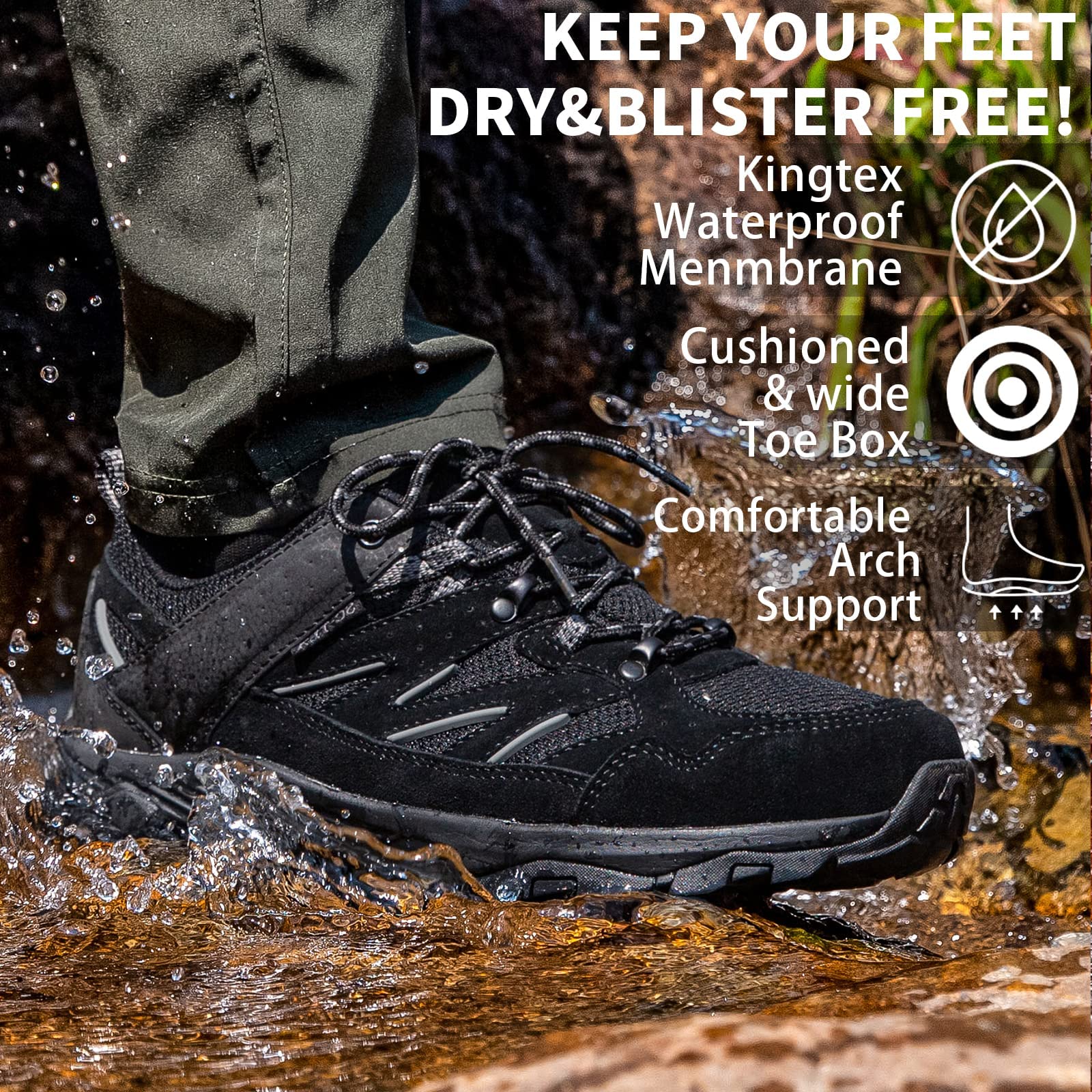 SILENTCARE Men's Waterproof Hiking Shoes Non-Slip Comfortable Outdoor Walking Hike Footwear(Medium, Black Grey,Numeric_10)