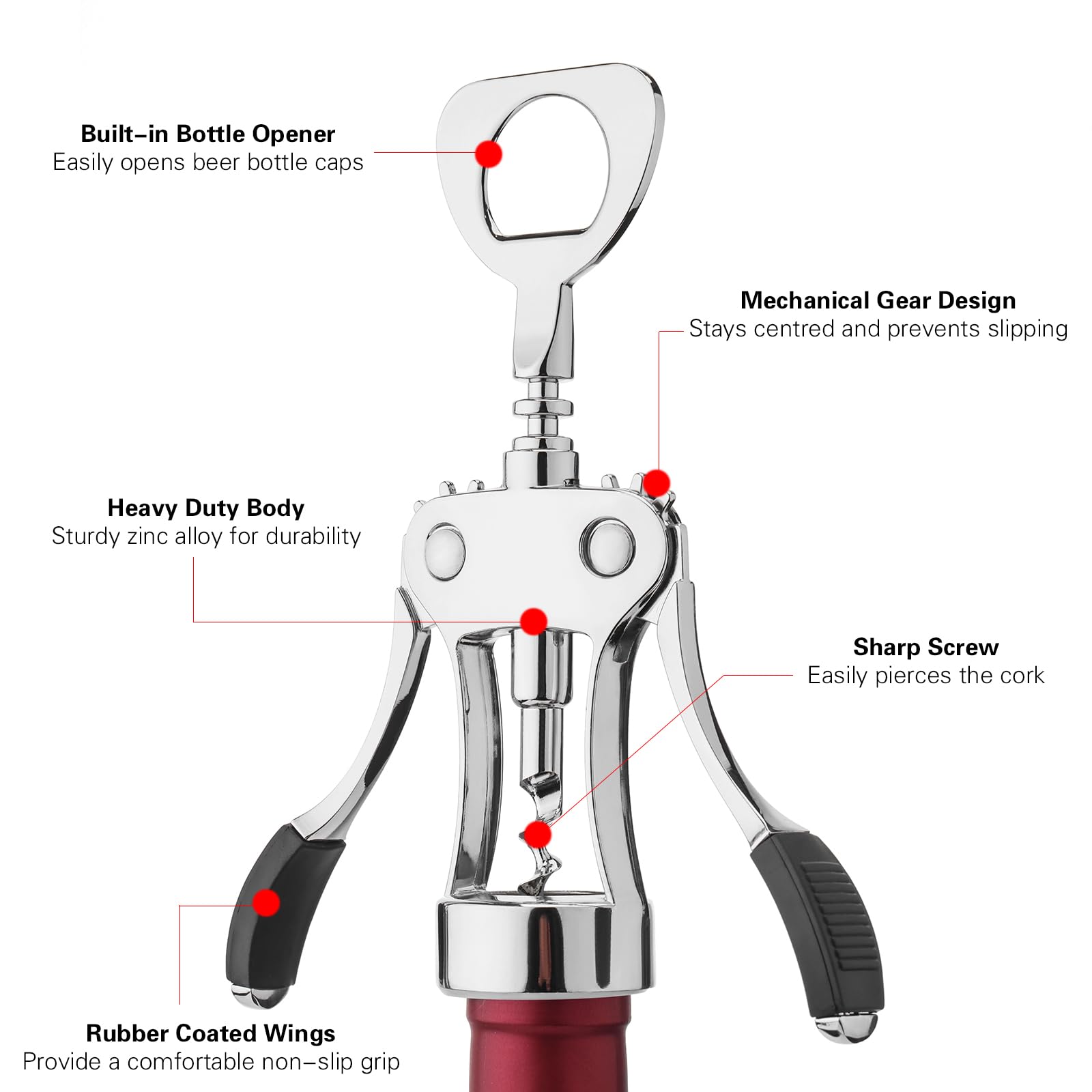 WOTOR Corkscrew Wine Opener, Zinc Alloy Wine Bottle Opener, Manual Multifunctional Wing Corkscrew for Waiters, Heavy Duty Wine Cork Remover, Silver