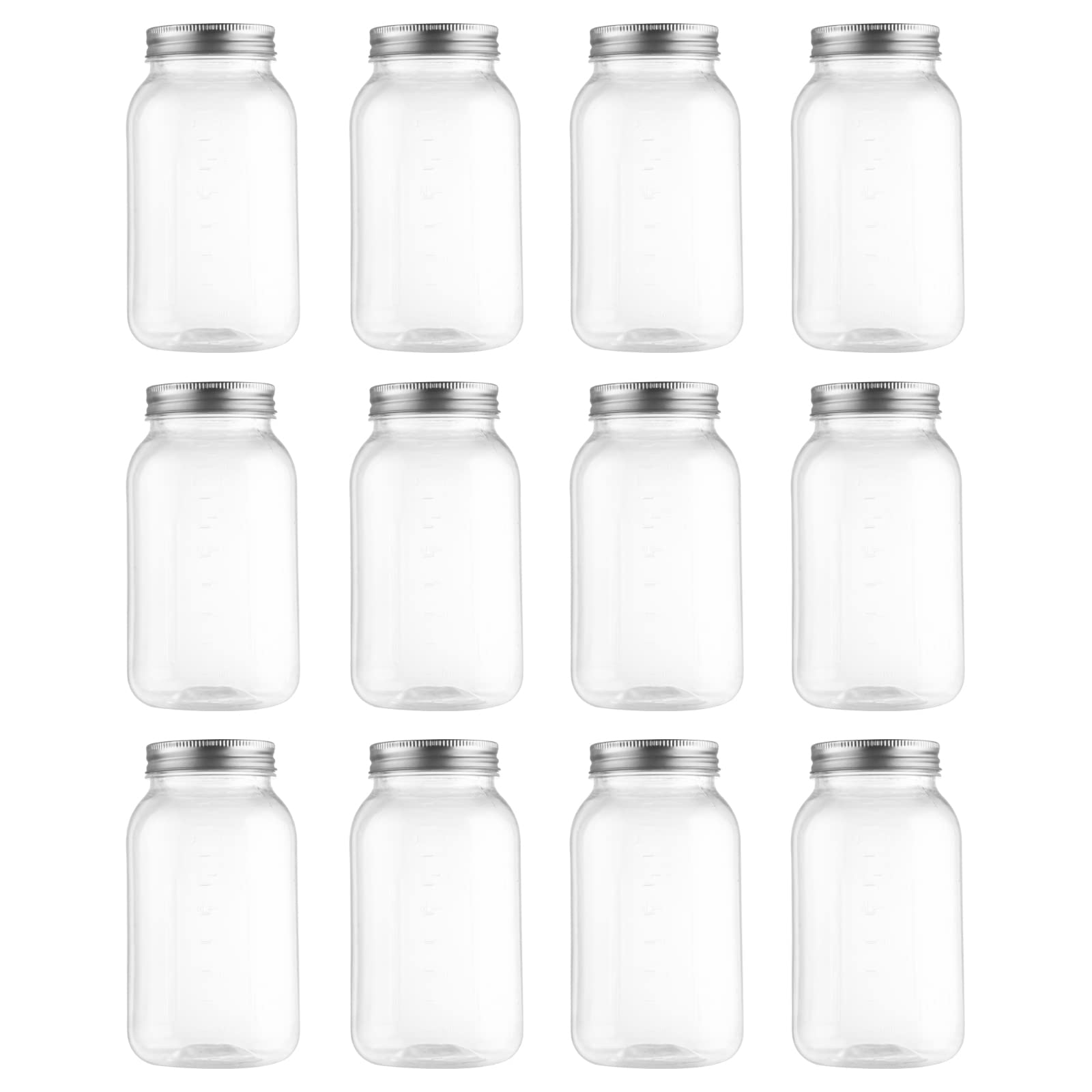 novelinks 32 OZ Clear Plastic Mason Jars with Lids - Dishwasher Safe Plastic Mason Jars 32 OZ Plastic Jars with Lids for Kitchen & Household Storage (12 Pack) (Silver)