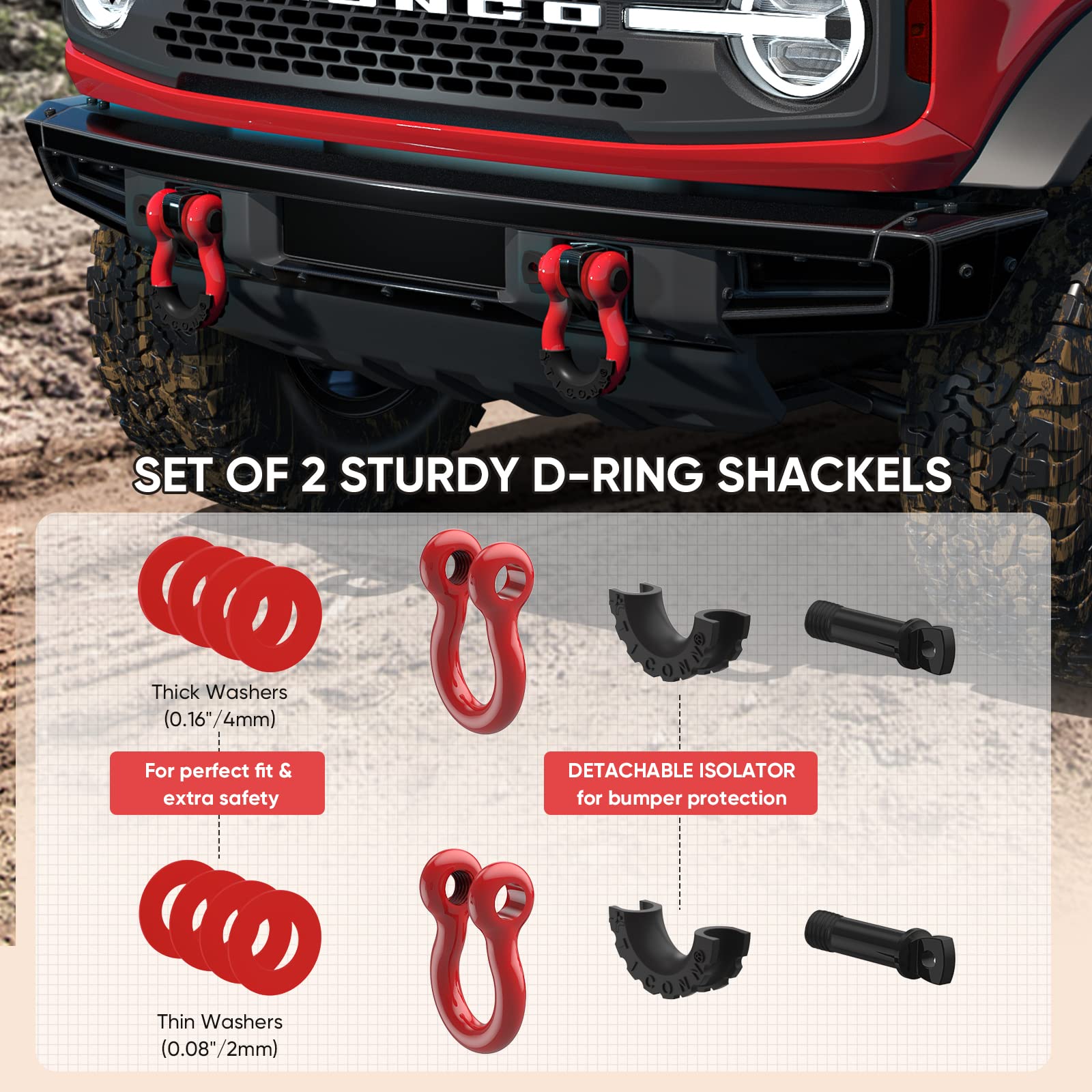 TICONN 2 Pack D Ring Shackle with 7/8" Screw Pin 57,000Ibs Break Strength, 3/4" Heavy Duty Shackles with Isolator & Washers for Tow Strap Winch Off Road Vehicle Recovery (Red/Black2)