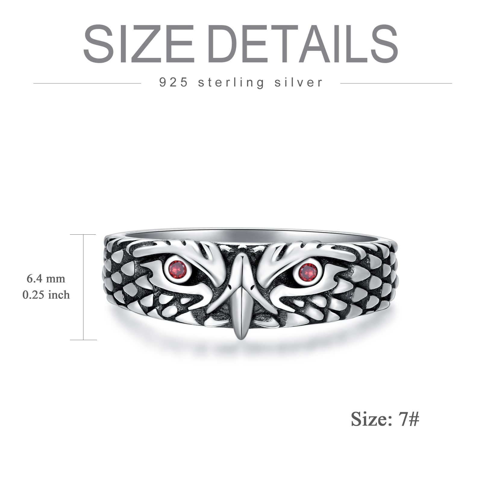Viking Owl Ring 925 Sterling Silver Hawk Eye Ring Oxidized with Red Zircons Vintage Norse Jewelry Gift for Women Men
