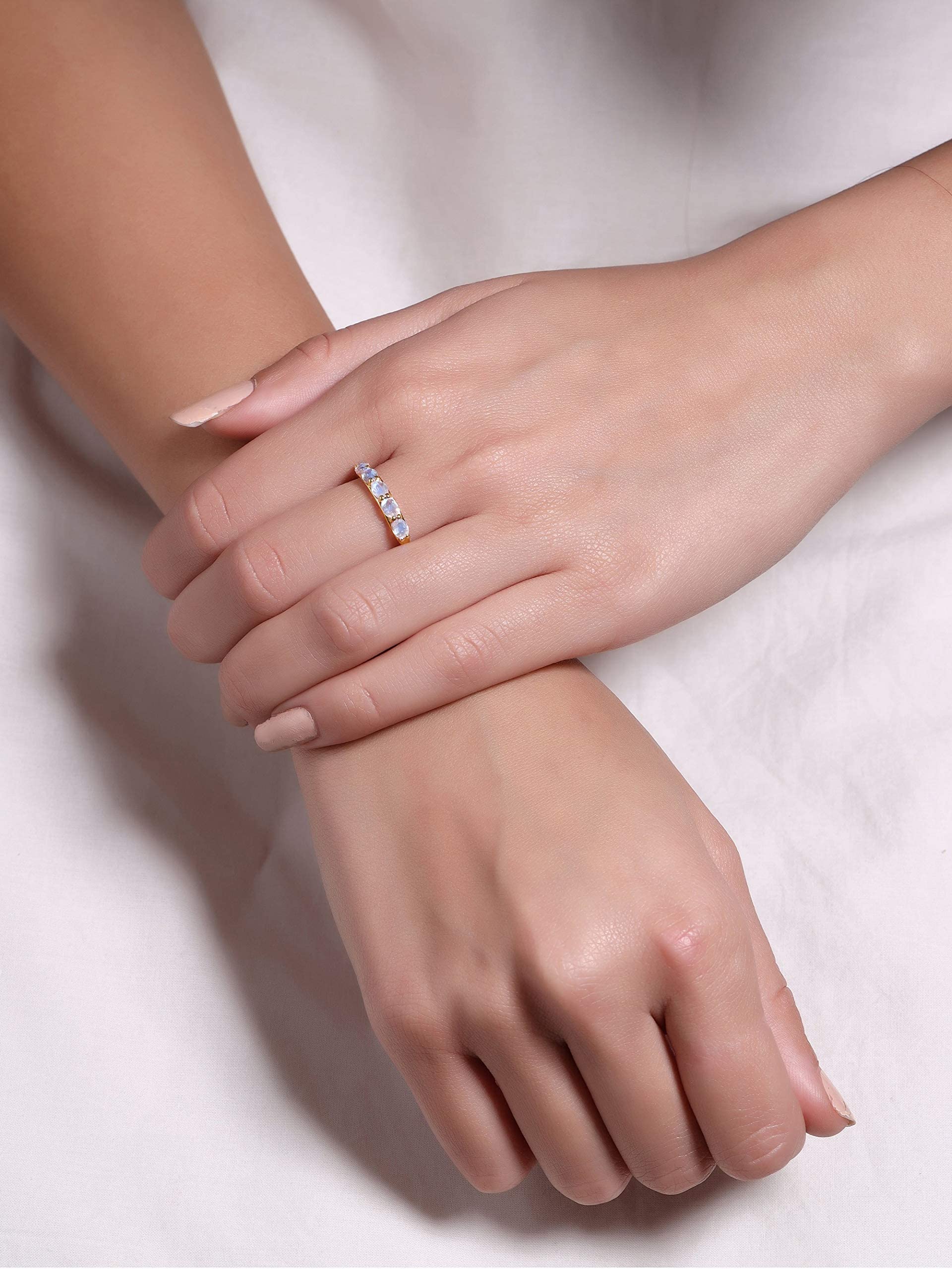 YoTreasure 10kt Yellow Gold 0.8 Ct Rainbow Moonstone Ring Eternity Band