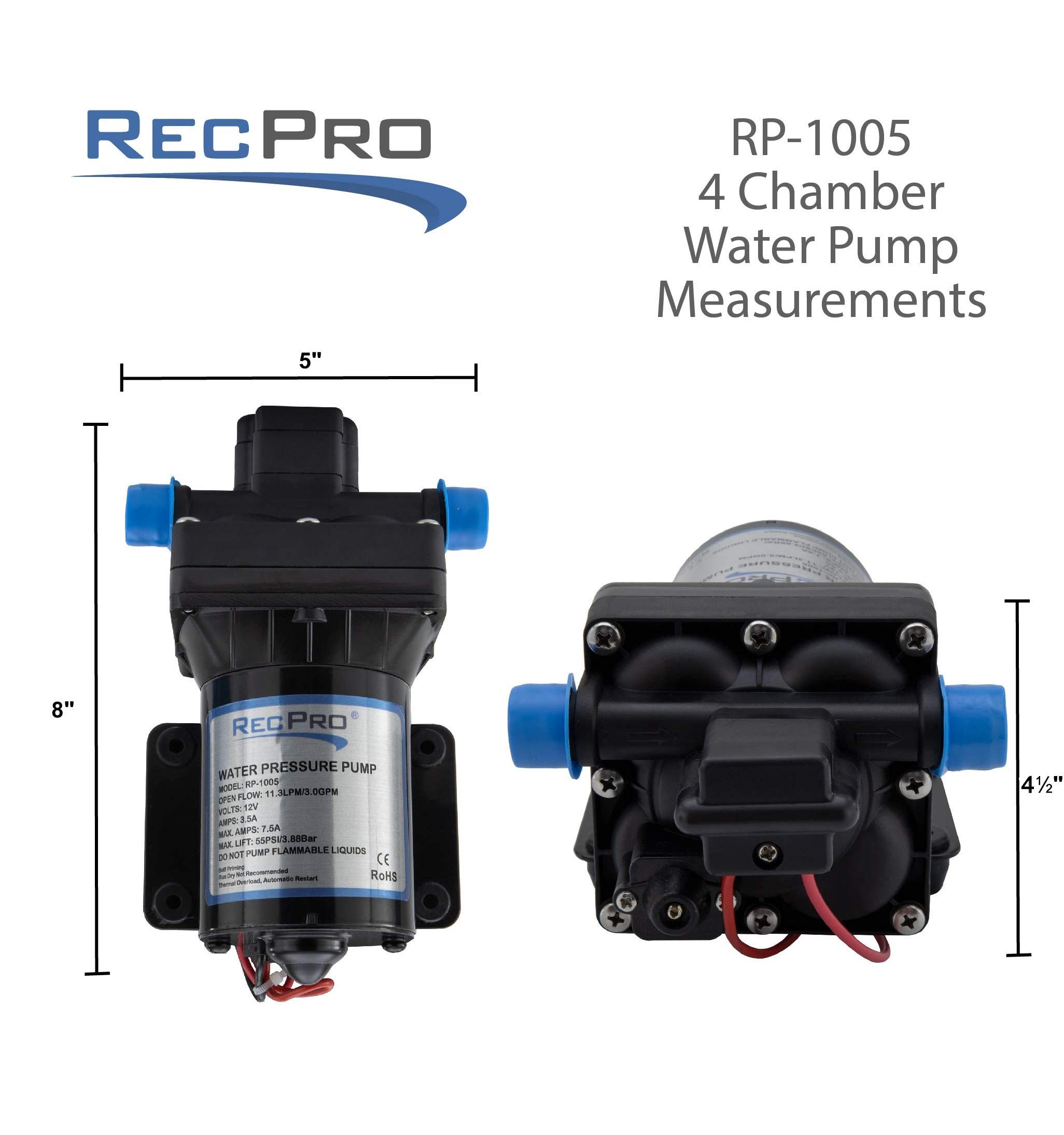 RecPro RV 4 Chamber Water Pump | Quiet Running | 12V DC | 45 PSI | 8.0AMP | Self Priming (With Strainer, No Silencer)