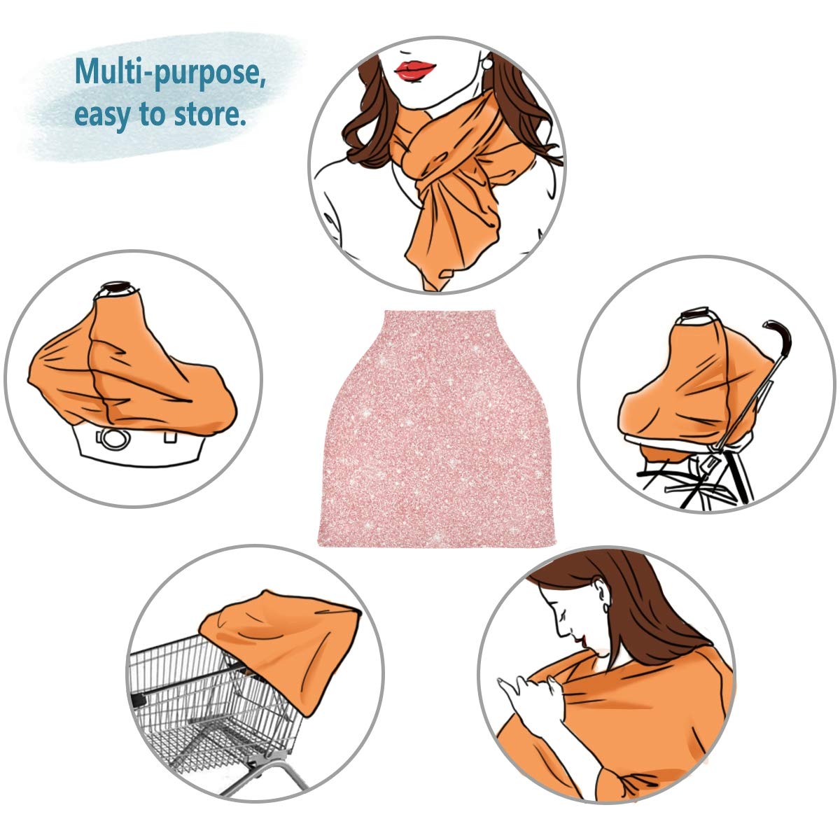 Nursing Cover Breastfeeding Scarf Rose Gold Glitter Pattern Print- Baby Car Seat Covers, Stroller Cover, Carseat Canopy (e)