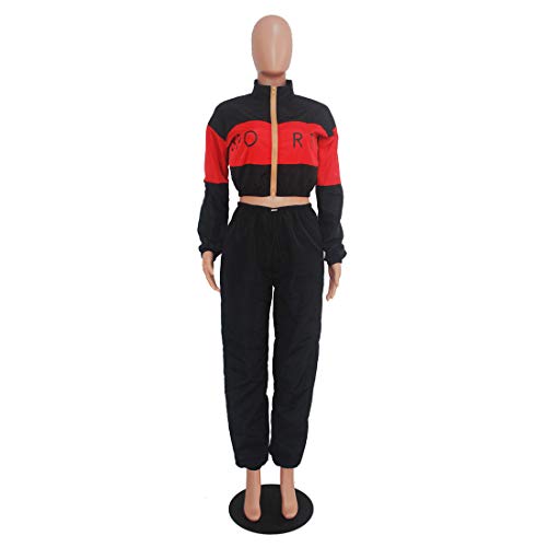 Ophestin Womens Letter Print 2 Piece Outfits Patchwork Windbreaker Tracksuit Set Black Size XL