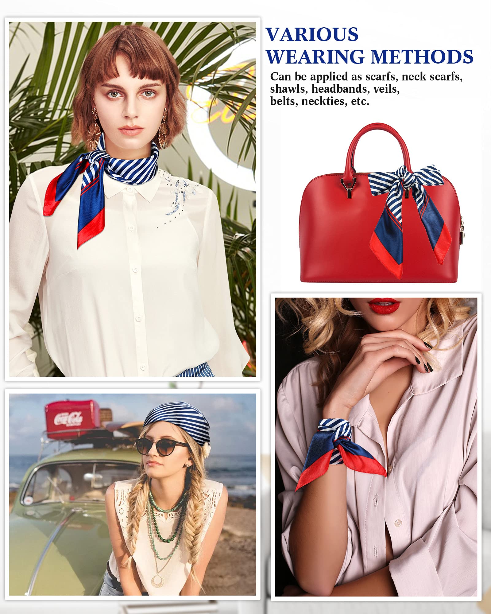 SATINIOR 4 Pcs Sailor Scarf Satin Flight Attendant Scarf 23.6 Inches Square Neck Scarf for Women Silk Feeling Hair Wraps