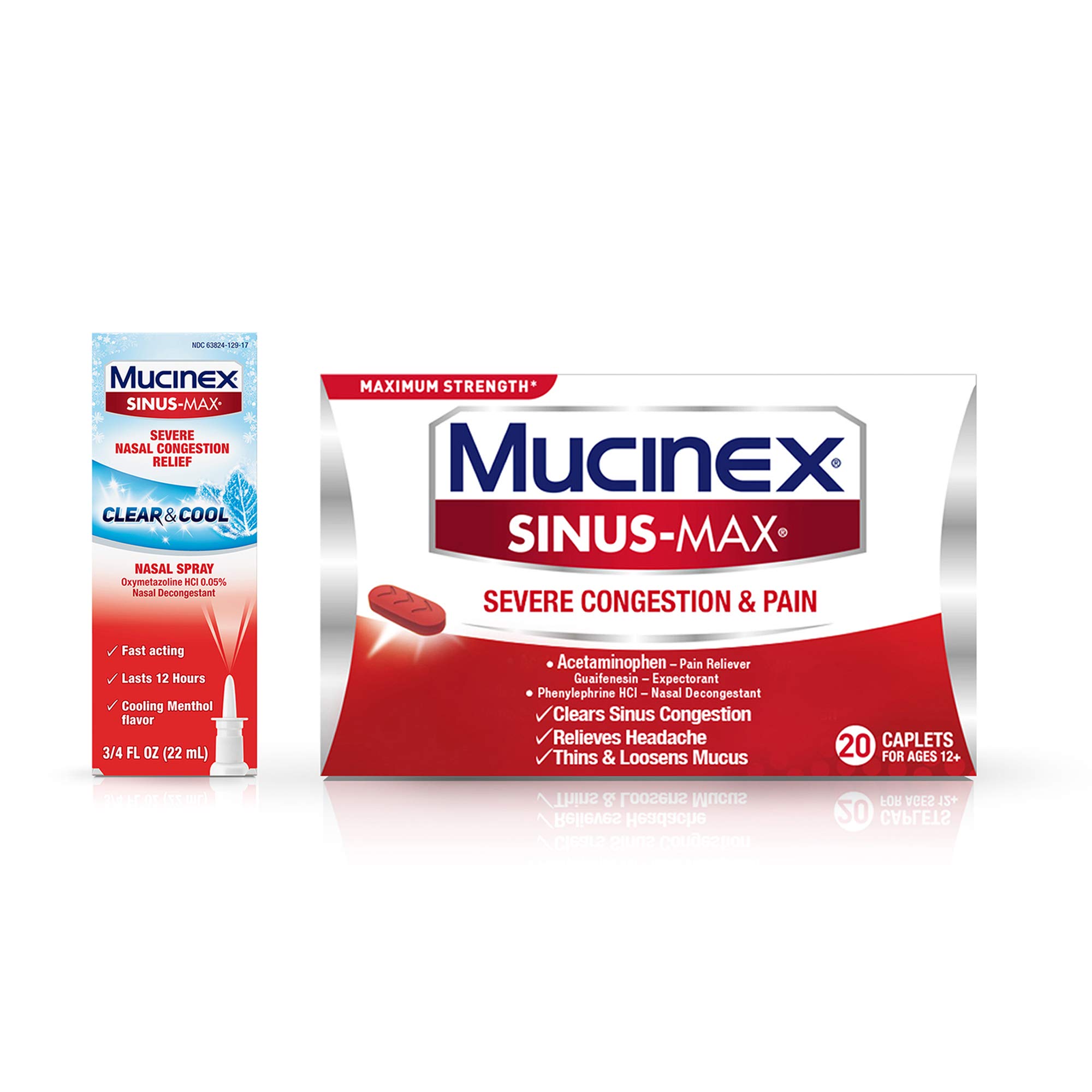 Mucinex Sinus-Max Full Force Nasal Decongestant Spray (0.75 oz) & Sinus-Max Severe Congestion & Pain Caplets (20 Count) Bundle- Maximum Strength Congestion Relief, 1 Ea