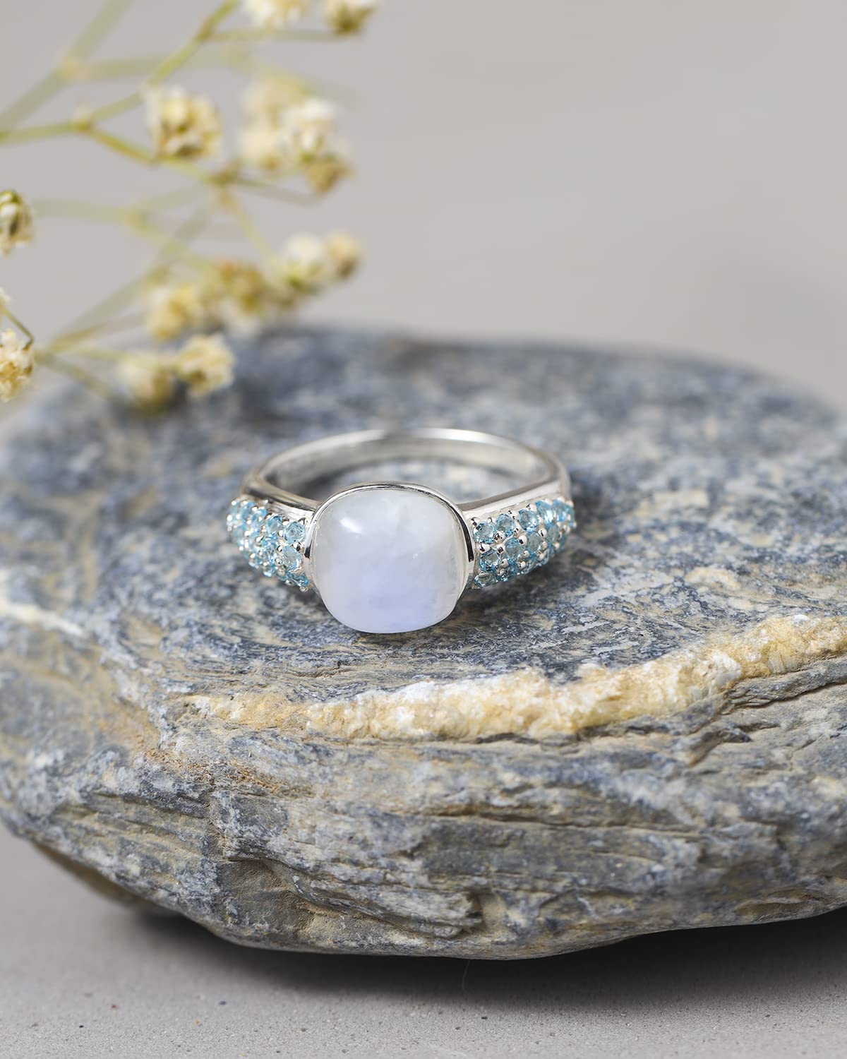 YoTreasure Moonstone Swiss Blue Topaz 925 Sterling Silver Engagement Ring Jewelry
