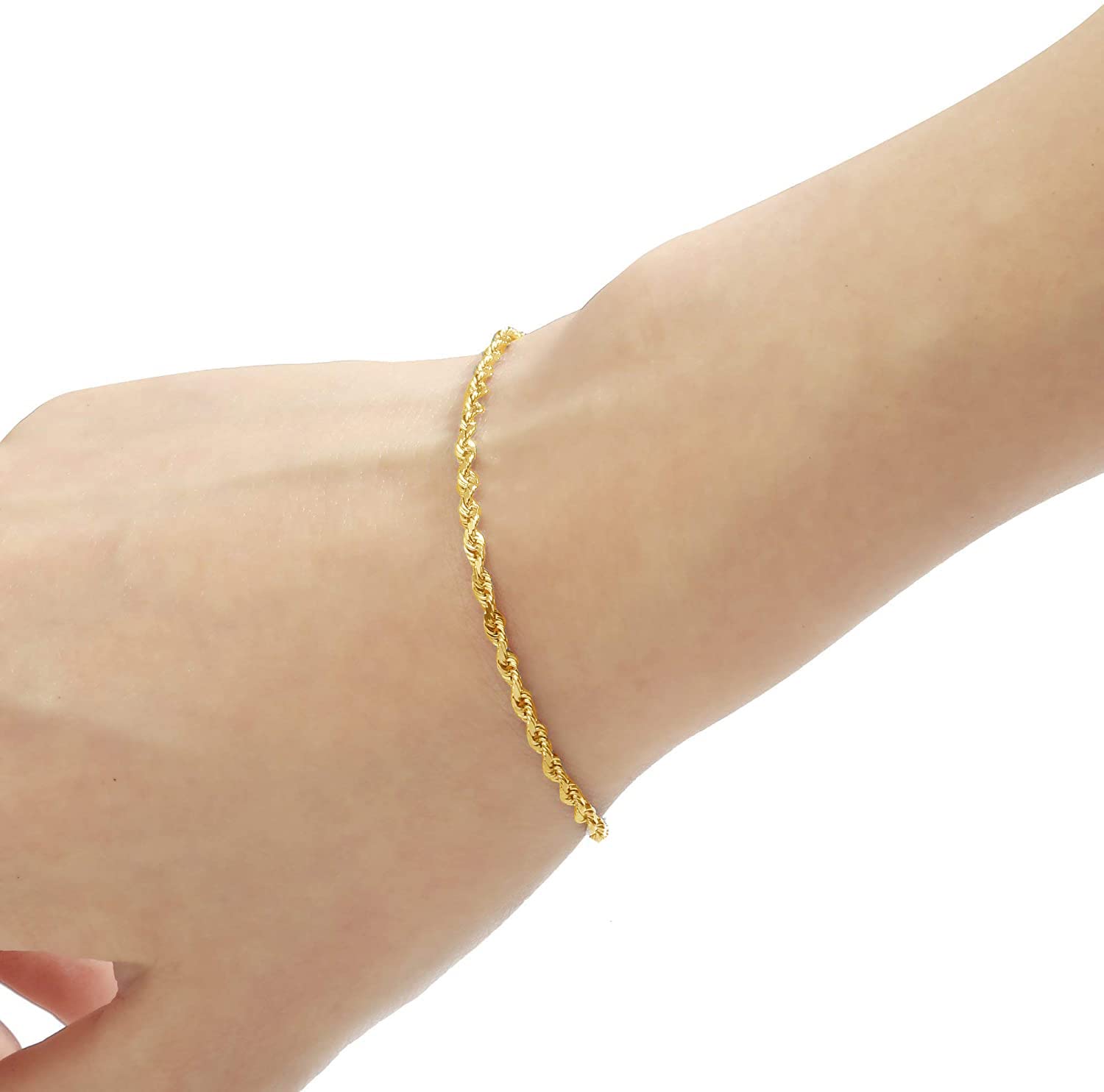 PORI JEWELERS 10K Solid Gold 2.5mm Diamond Cut Rope Chain Bracelet for Women (Yellow, 8)