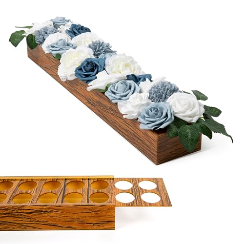 Rectangular Acrylic Flower Centerpieces for Tables with Wood Grain Pattern | Long 24 Hole Flower Arrangement Holder | Acrylic Flower Centerpiece Vase | Dining Table Decor Centerpiece Vases for Table