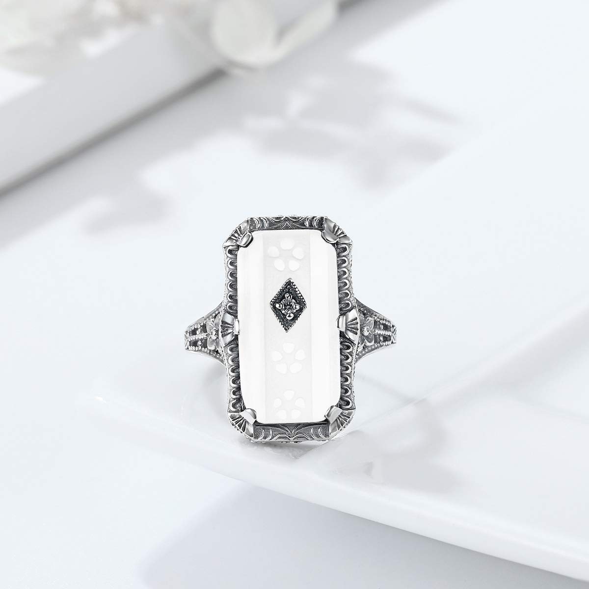 SZINAO White Glass Ring Engagement wedding ring Solid Sterling Silver/Frosted Carved Camphor Glass Edwardian Floral Filigree Ring,With A Box (SIZE 5#-10#) (White, 6)