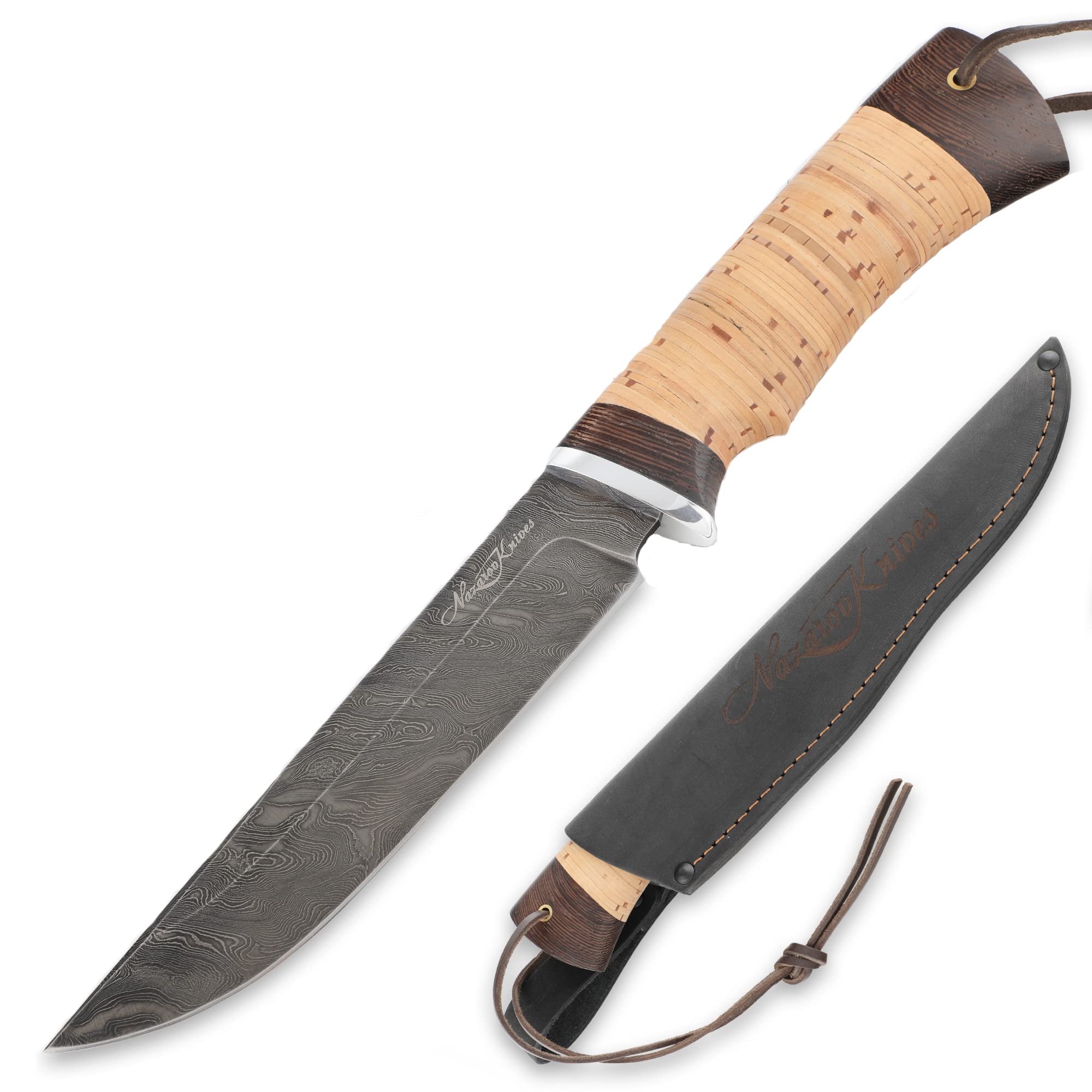 Nazarov Knives Damascus Steel Knife - Hunting Knife - Real Damascus - Birchbark - OVOD - Leather Sheath