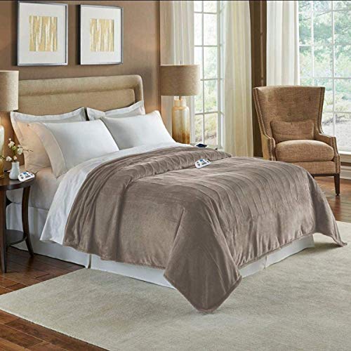 Serta Silky Plush Electric Heated Warming Blanket Queen Taupe