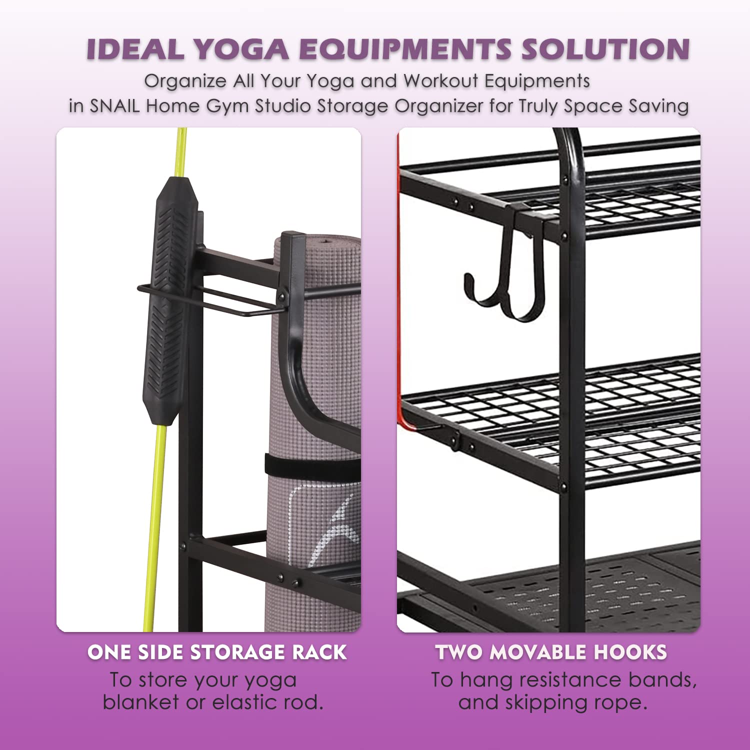 SNAIL Yoga Mat Storage Racks Home Gym Studio Storage Organizer for Dumbbells Kettlebells Foam Roller Yoga Strap and Resistance Bands Large Workout Equipment Storage Rolling Cart With Hooks and Wheels