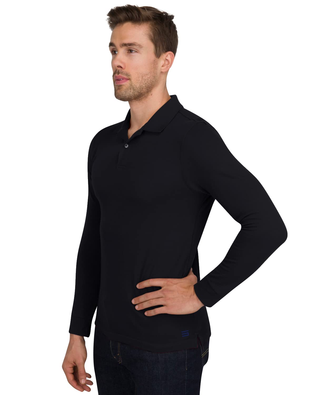 Three Sixty Six Men’s Untucked Casual Long Sleeve Polo - Collared Untuck Shirt with Two Button Placket and Stretch Fabric Black Onyx