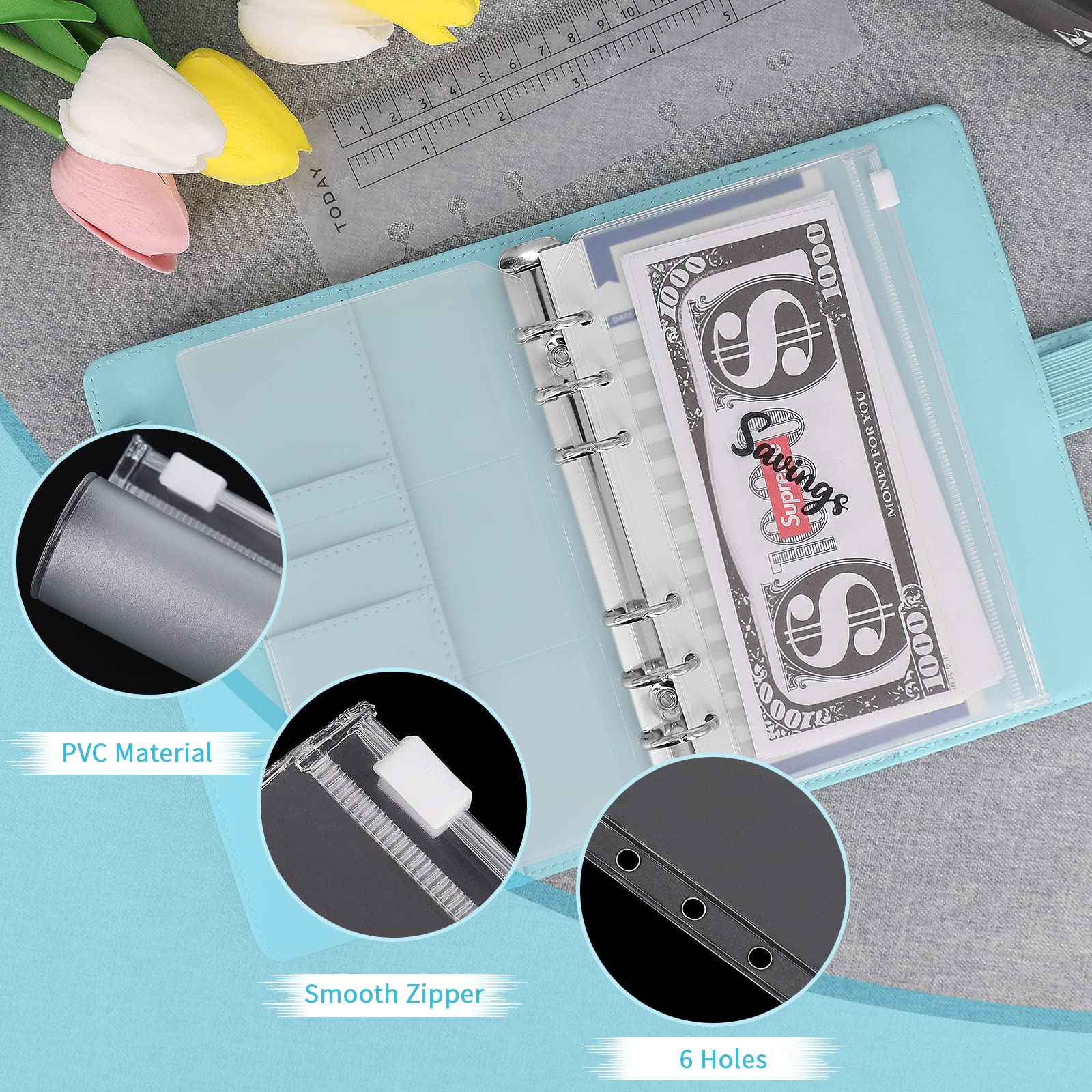 Smarpau Budget Binder with Zipper Envelopes, Money Organizer for Cash, A6 PU Leather Money Saving Binder with 6pcs Binder Pockets & 2pcs Card Sleeves, 12pcs Budget Sheets & 200pcs Sticky Tabs, Blue