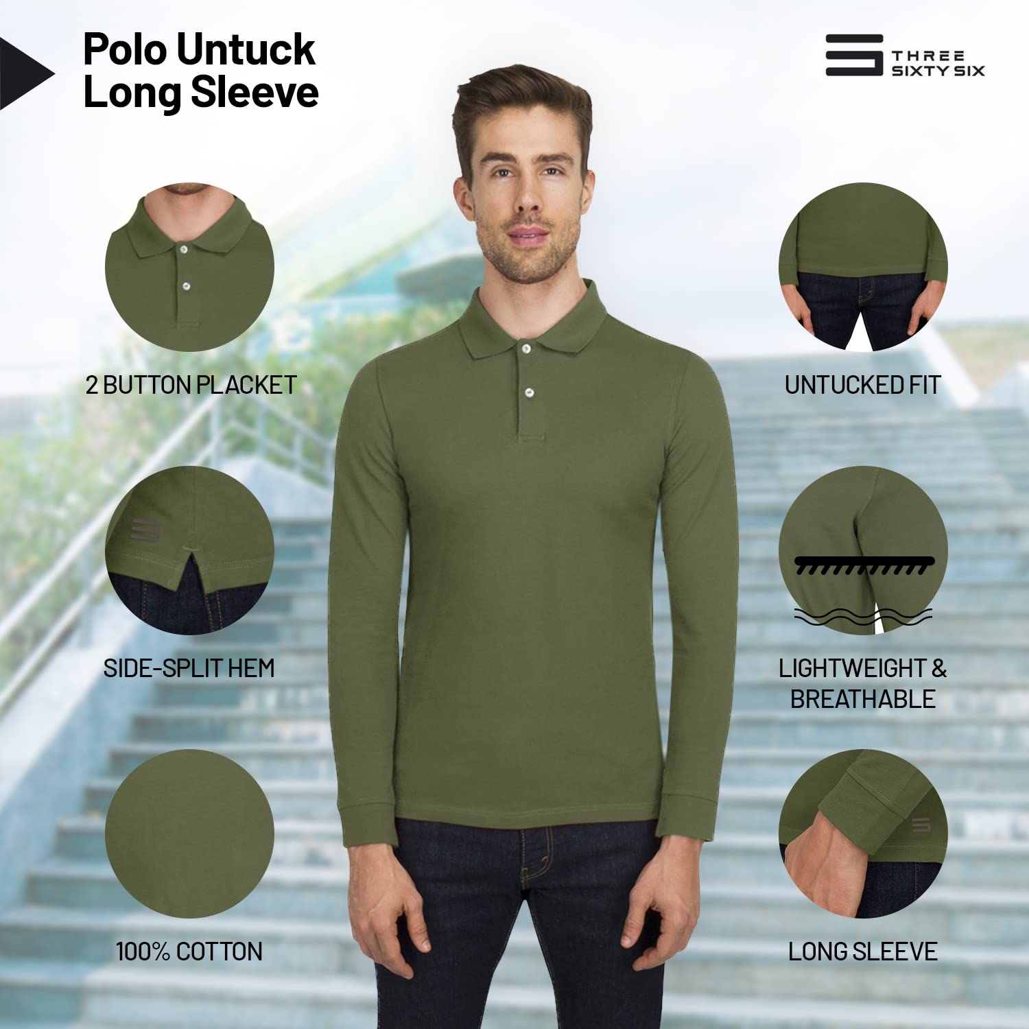 Three Sixty Six Men’s Untucked Casual Long Sleeve Polo - Collared Untuck Shirt with Two Button Placket and Stretch Fabric