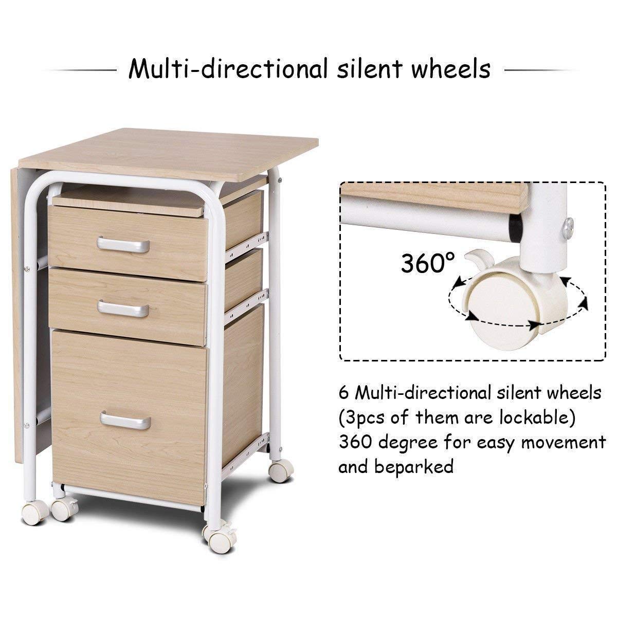 Natural Foldable Computer PC Laptop Work Desk Wheeled Office Furniture with 3 Drawers Home Office Study Computer Work Table Desk(U.S. Stock)