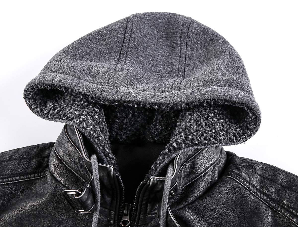 NAVEKULL Men's Faux Leather Jacket Winter Vintage Motorcycle Biker Jacket with Fleece Removable Hood