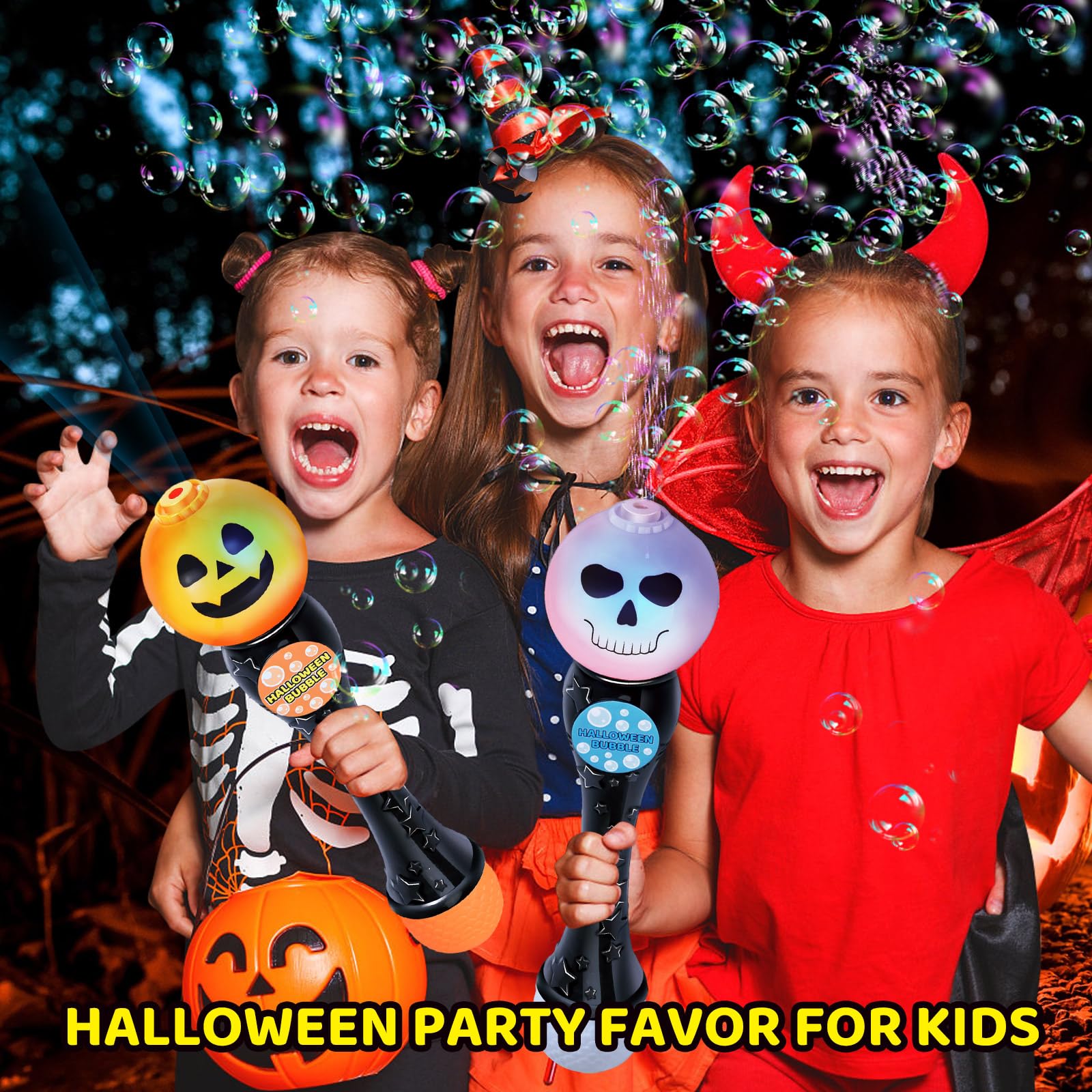OleFun 2 Pack Halloween Light Up Bubble Blower Wands, Pumpkin & Ghost Glowing Bubble Machine with 4 Bubble Solutions, Ideal Halloween Toys for Kids, Halloween Party Favors, Goodie Bags Stuffers