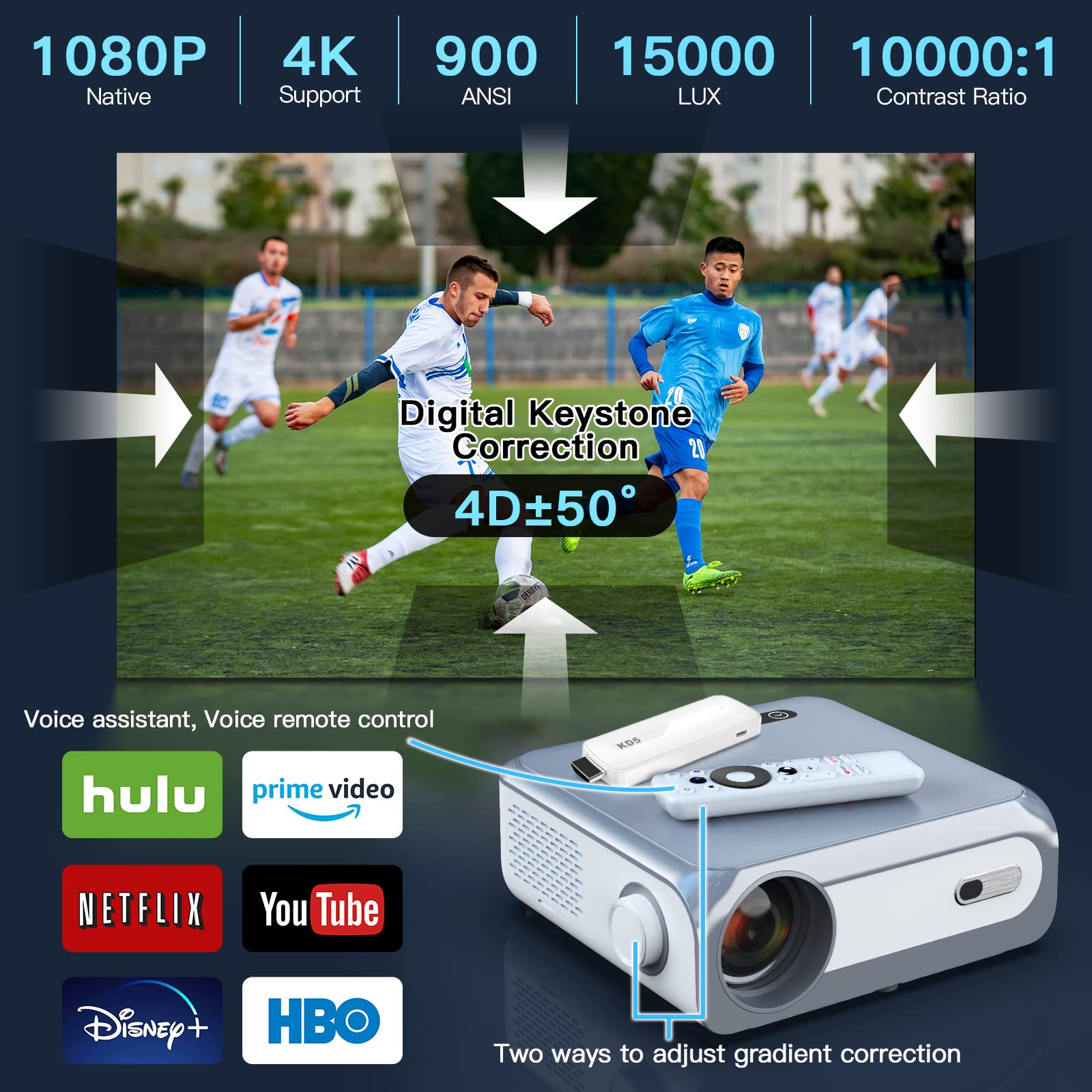 Projector 4K with WiFi and Bluetooth, 5G 1080P Outdoor Movie Projectors, 9500L/700ANSI Portable Smart Mini Projector with 100" Proyector Screen & Tripod, Compatible with iOS/Android/Win/TV Stick