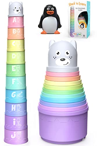 Stacking Cups Toy for Toddler Plus Bonus Squirting Baby Bath Toy & Bear Head Shaker with Numbers, Letters, Patterns, Fun Educational Toys for 6 Months +, 1 2 3 Years