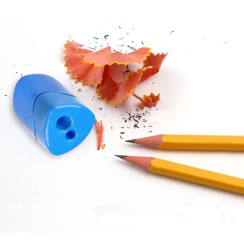 Mega Set Of 12 Double Hole Triangular Shaped Pencil Sharpener With Cover and Receptacle! Comes In 4 Colors- Red, Blue, Yellow, and Green!