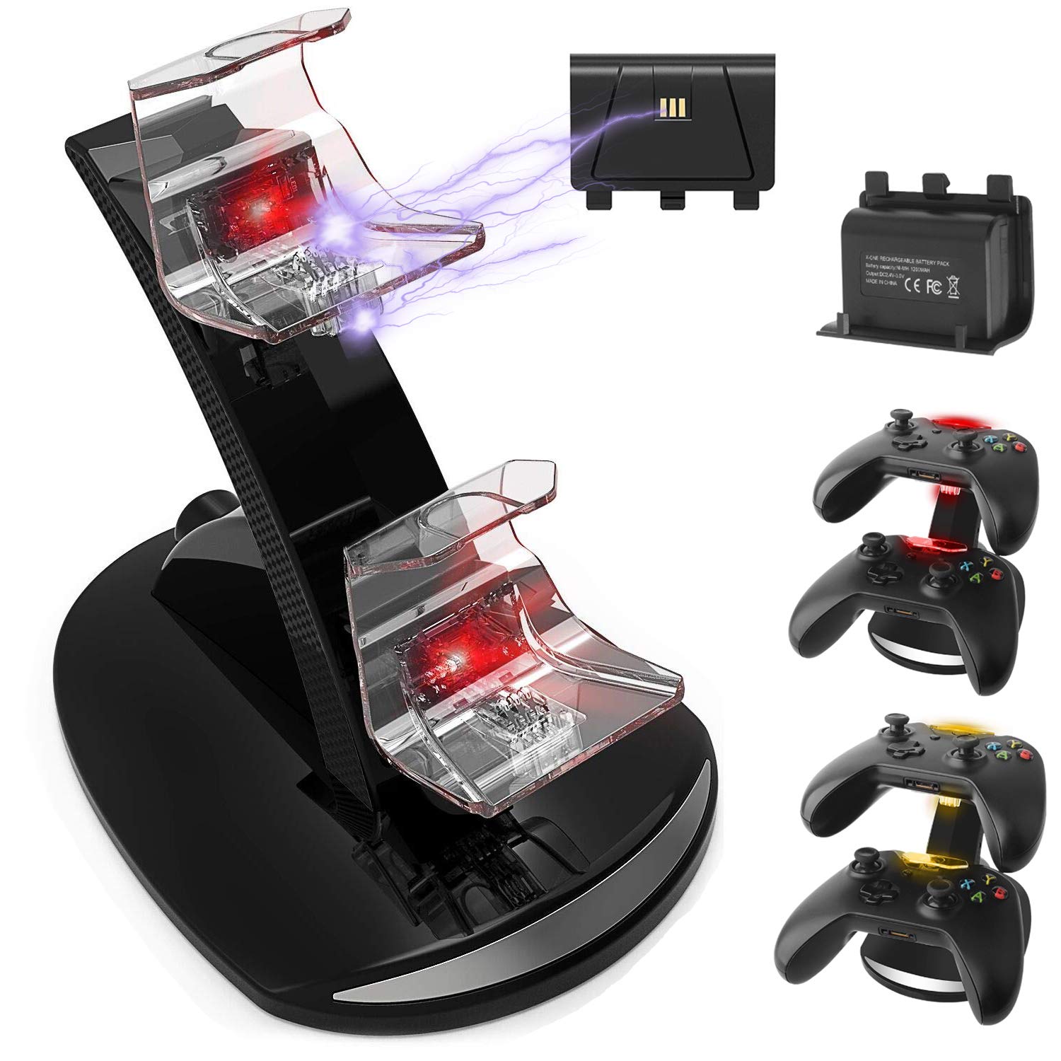 Megadream Controller Charger for XB One, Dual Dock Battery Charging Station Controller Charging Stand Dock with 2 Rechargeable 1200mAh Battery Packs for Xb one S/X/Elite, LED Indicator Light