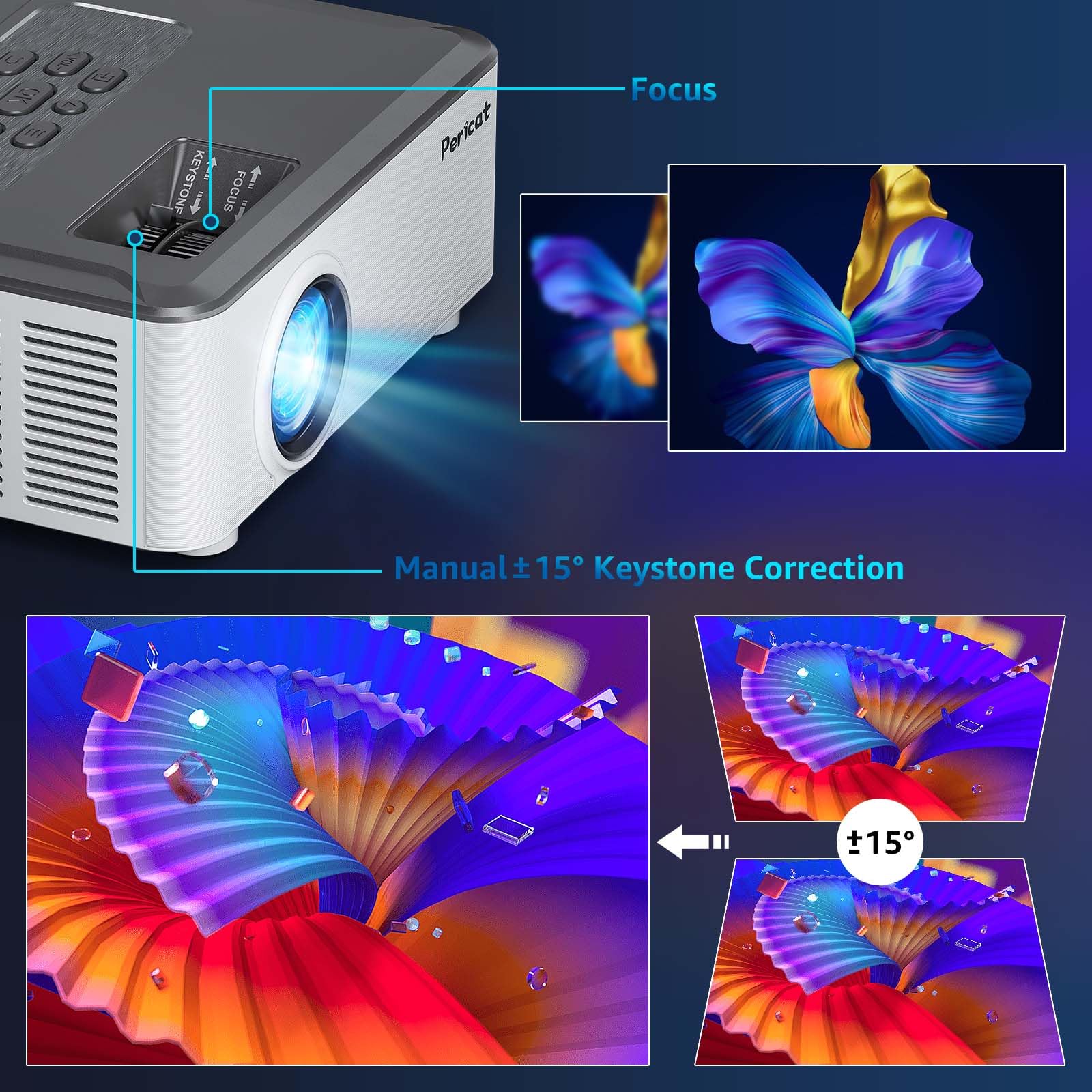 Projector with WiFi and Bluetooth, 11000L / 1080P Support Outdoor Projector with Screen, Pericat Video Projector, 330'' Display Phone Projector for iPhone,TV Stick, Mac (100'' Farbric Screen Included)