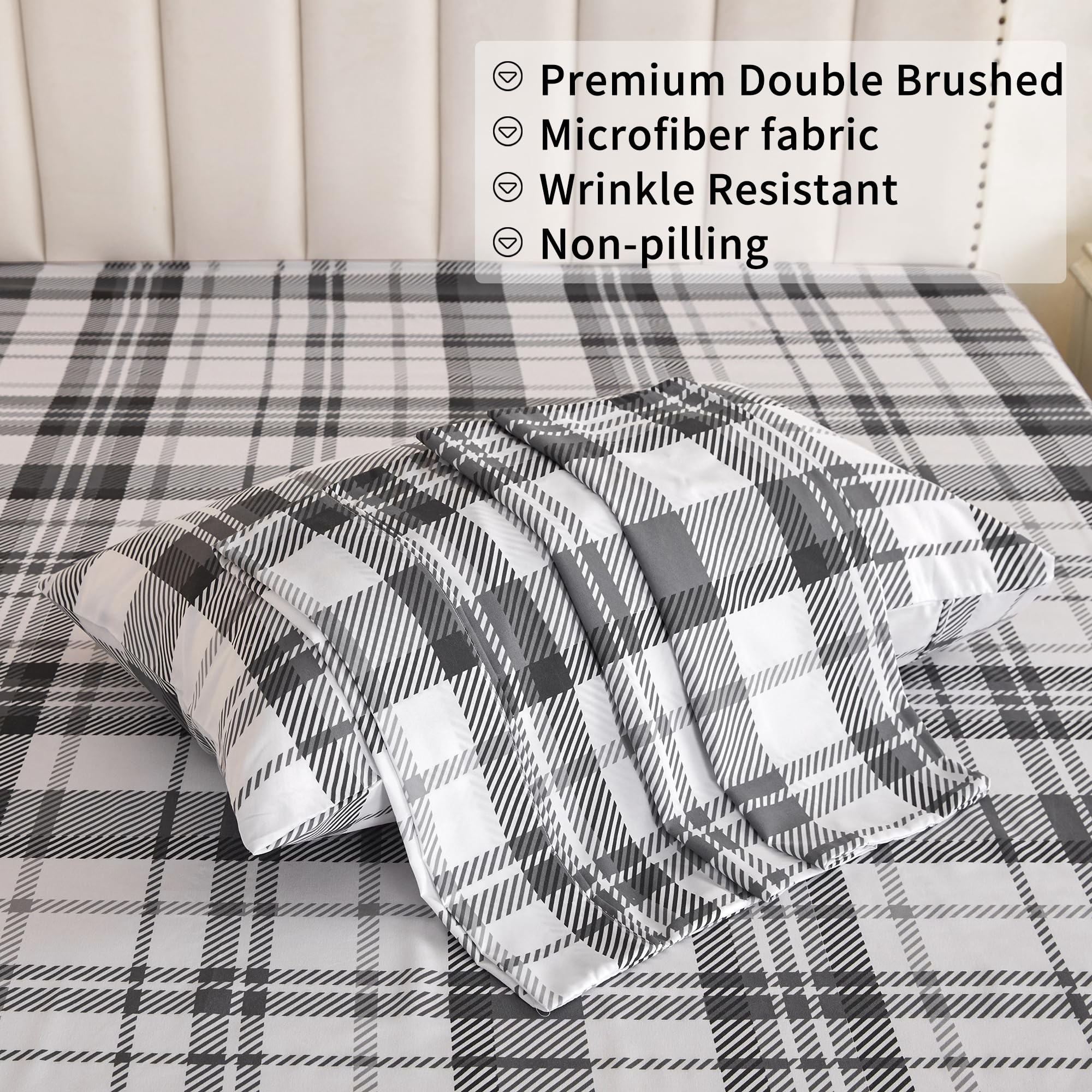 Mooreeke Queen Sheets, Queen Grey Plaid Bed Sheet Set with Deep Pocket Non-Slip Fitted Sheet, Checked Microfiber Bedding Sheets & Pillowcases