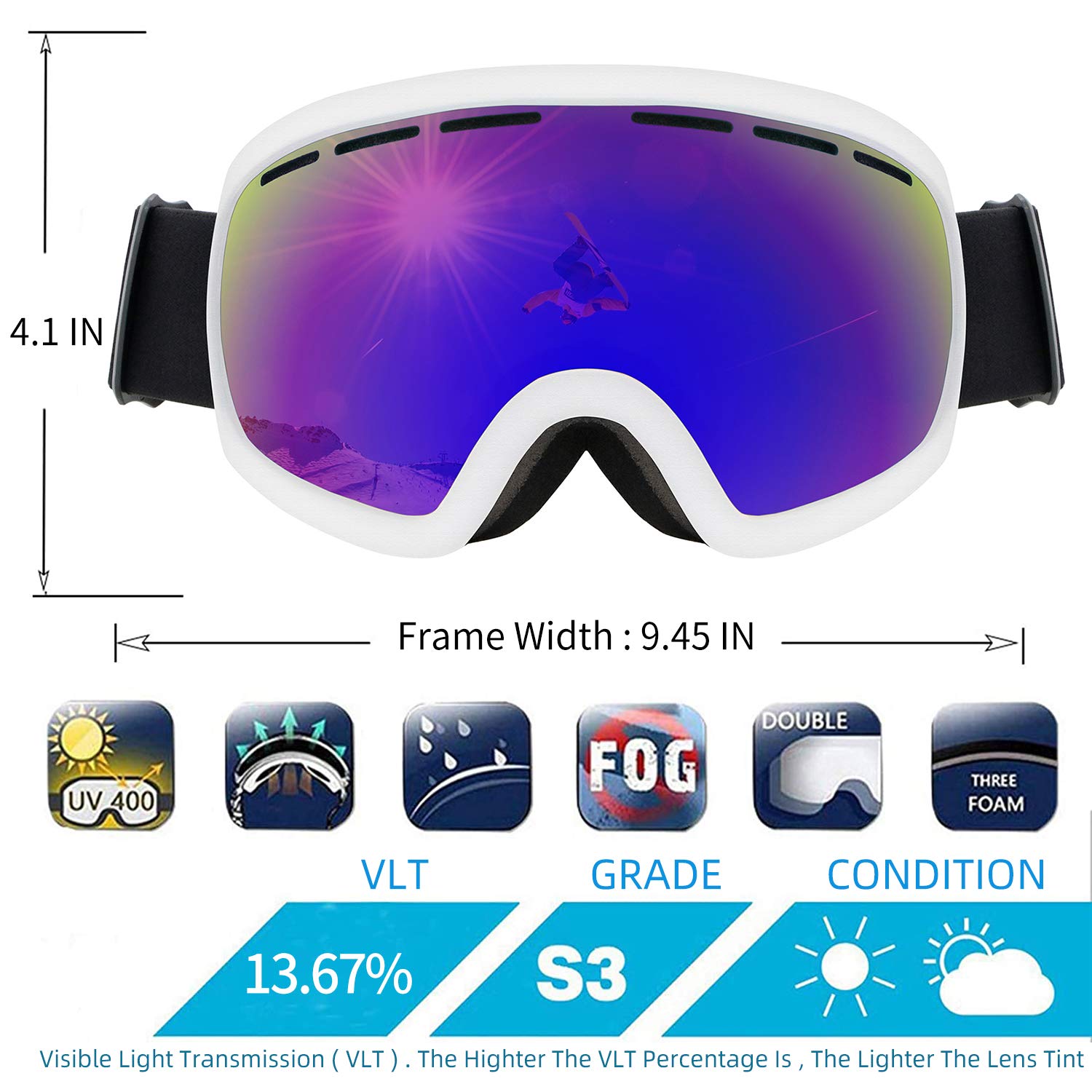 Ski Goggles Men & Women Single-Board Goggles OTG Design, Frameless Spherical Lens is Scratch-Resistant, Fog-Proof UV-Proof (Rose)