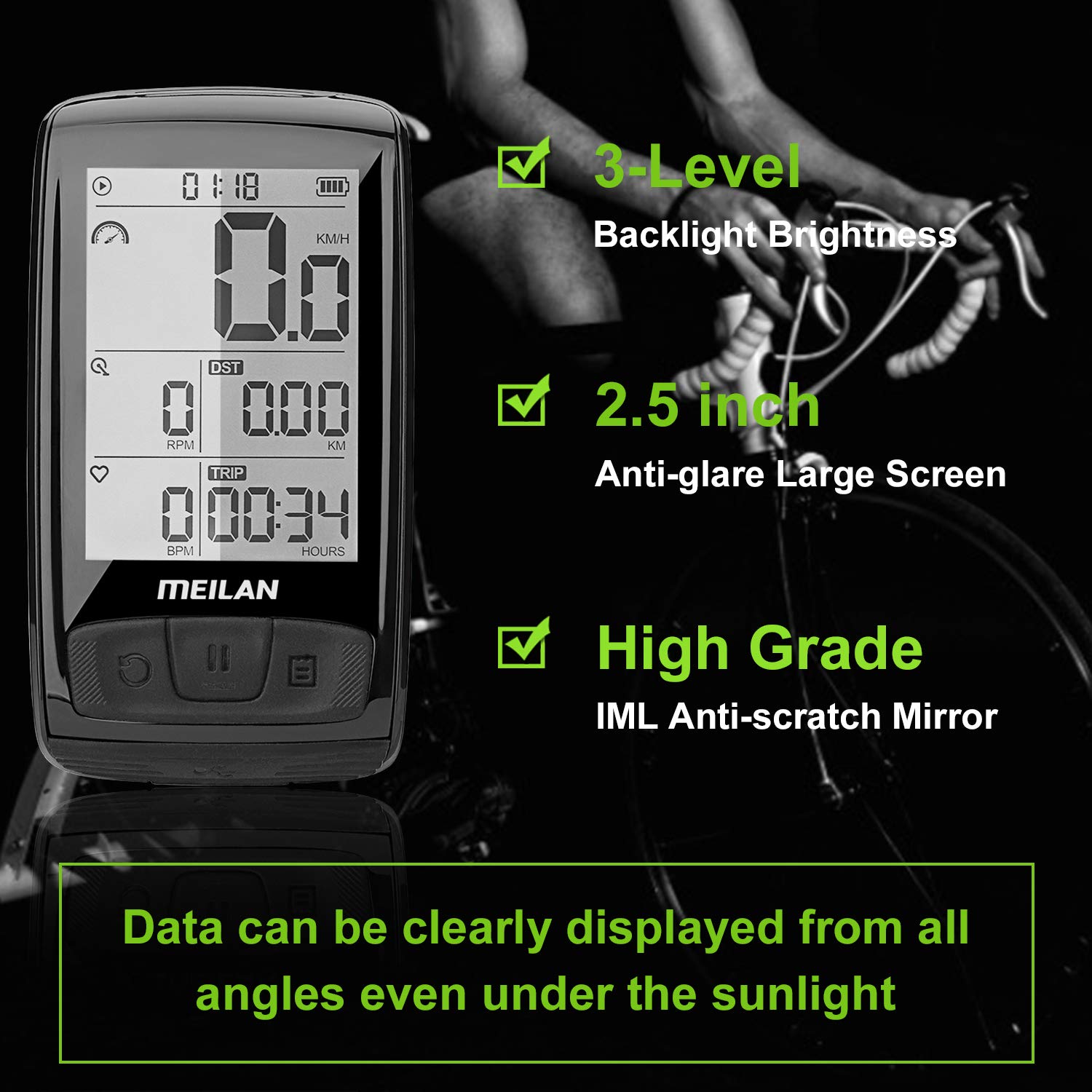 MEILAN M4 Wireless Bike Computer, ANT+ BLE4.0 Bicycle Speedometer and Odometer with Cadence/Speed Sensor, Waterproof Cycling Computer with 2.5 inch LCD Backlight Display for Indoor/Outdoor Cycling