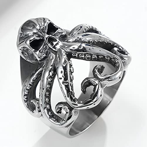 Retro Vintage Stainless Steel Octopus Gothic Punk Halloween Cocktail Party Biker Ring (Silver, 8)
