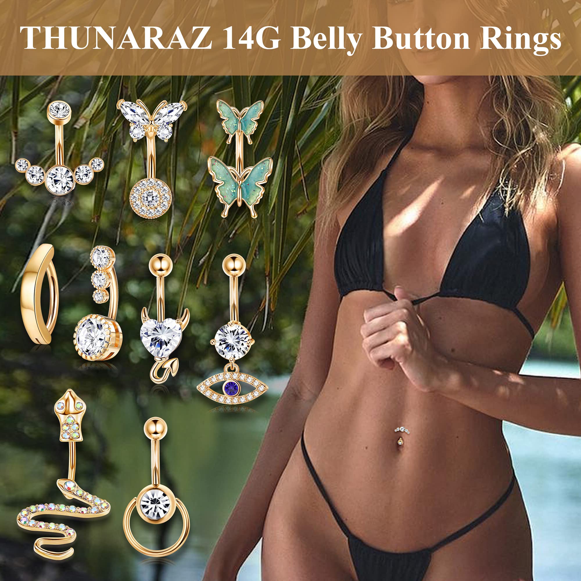 THUNARAZ 9Pcs 14G Gold Belly Button Rings Dangle for Women Stainless Steel Snake Butterfly Evil Eye Devil Heart Clear CZ Clicker Belly Button Rings Navel Ring Body Piercing Jewelry