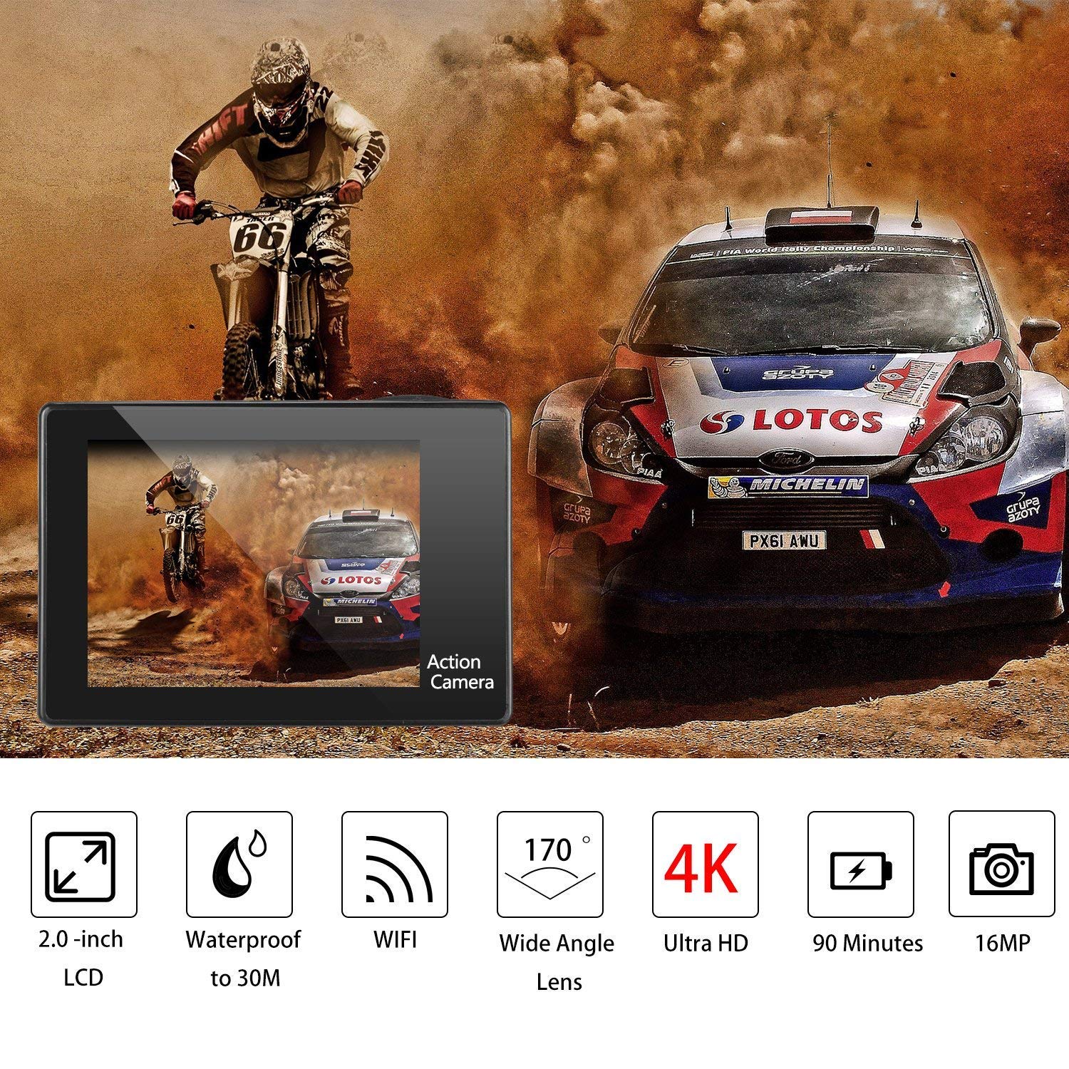 Original SJCAM SJ4000 Air 4K Wi-Fi Action Camera 16MP Waterproof DV Camcorder 170 Degree Wide Angle LCD with 2 Batteries and Mounting Accessories Kit