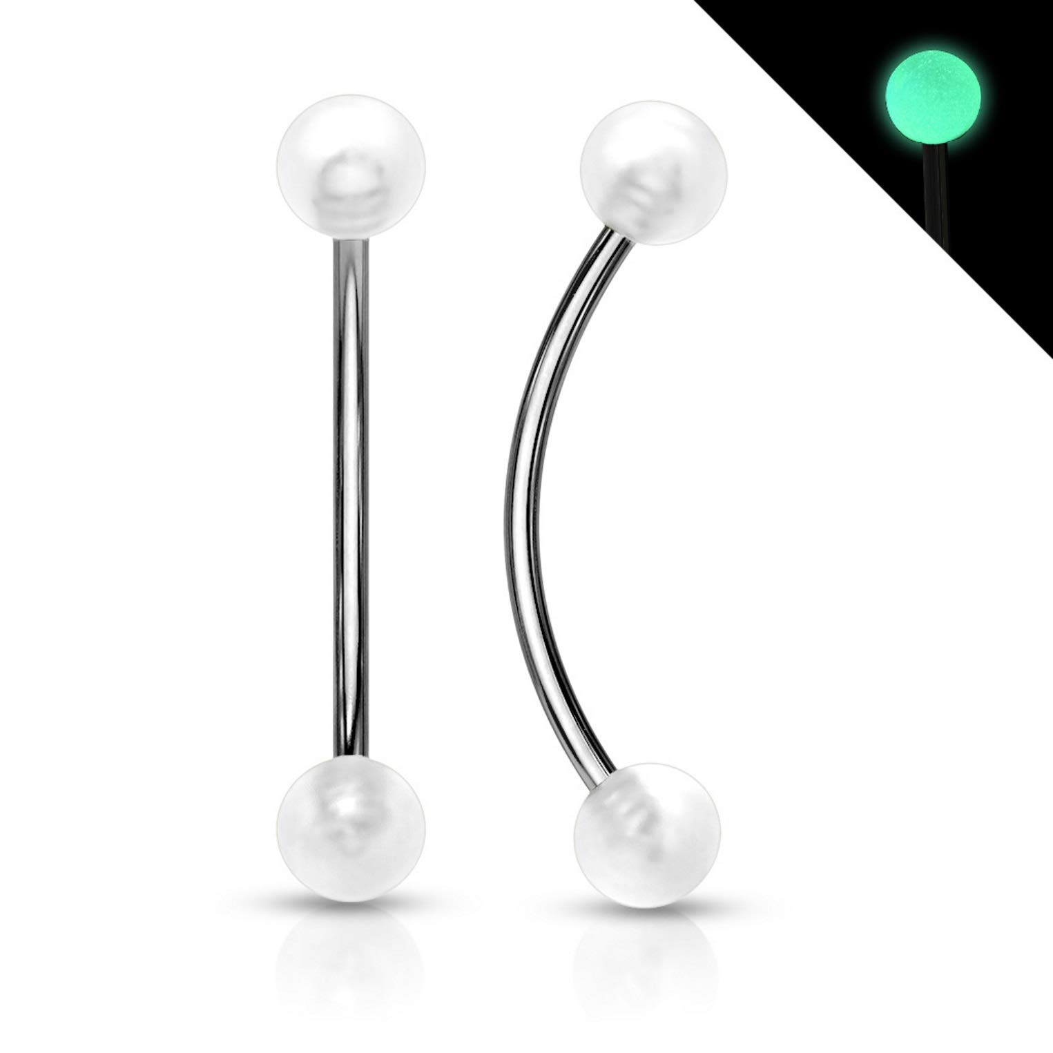 Pair of 16 Gauge Steel Glow in The Dark Ball End Curved Barbells with Extended 14mm Length Bars (White)