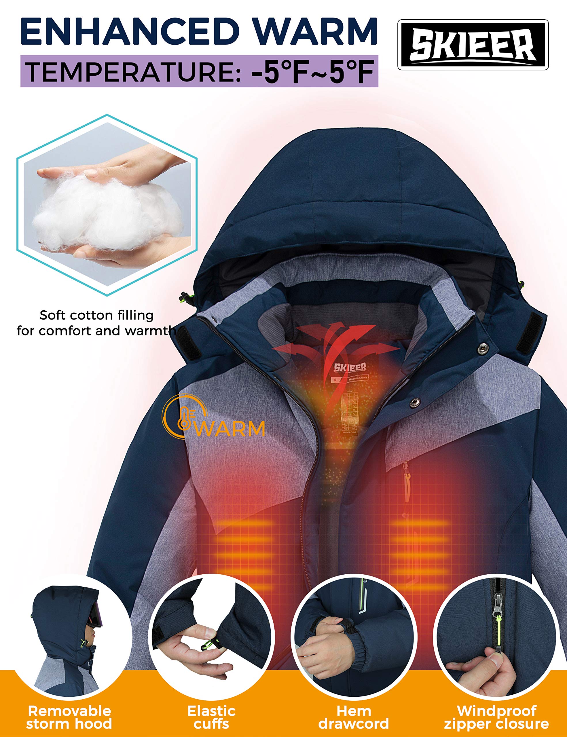 Skieer Men's Ski Rain Jacket Waterproof Snow Sportswear Winter Coat Blue L
