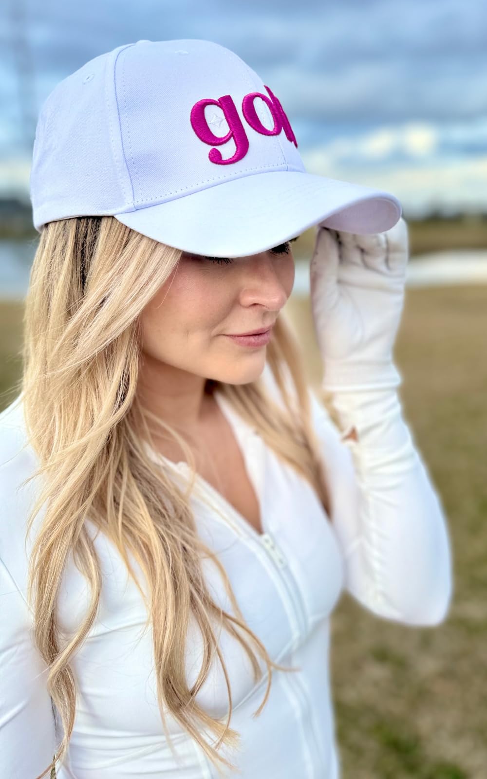 Women's Golf Hat White Ballcap with Pink Accent - Trendy Apparel for Woman, Adjustable Ball Cap, Women, Ladies Cute Golf Gear Apparel Caps - One Size Fits All Unisex