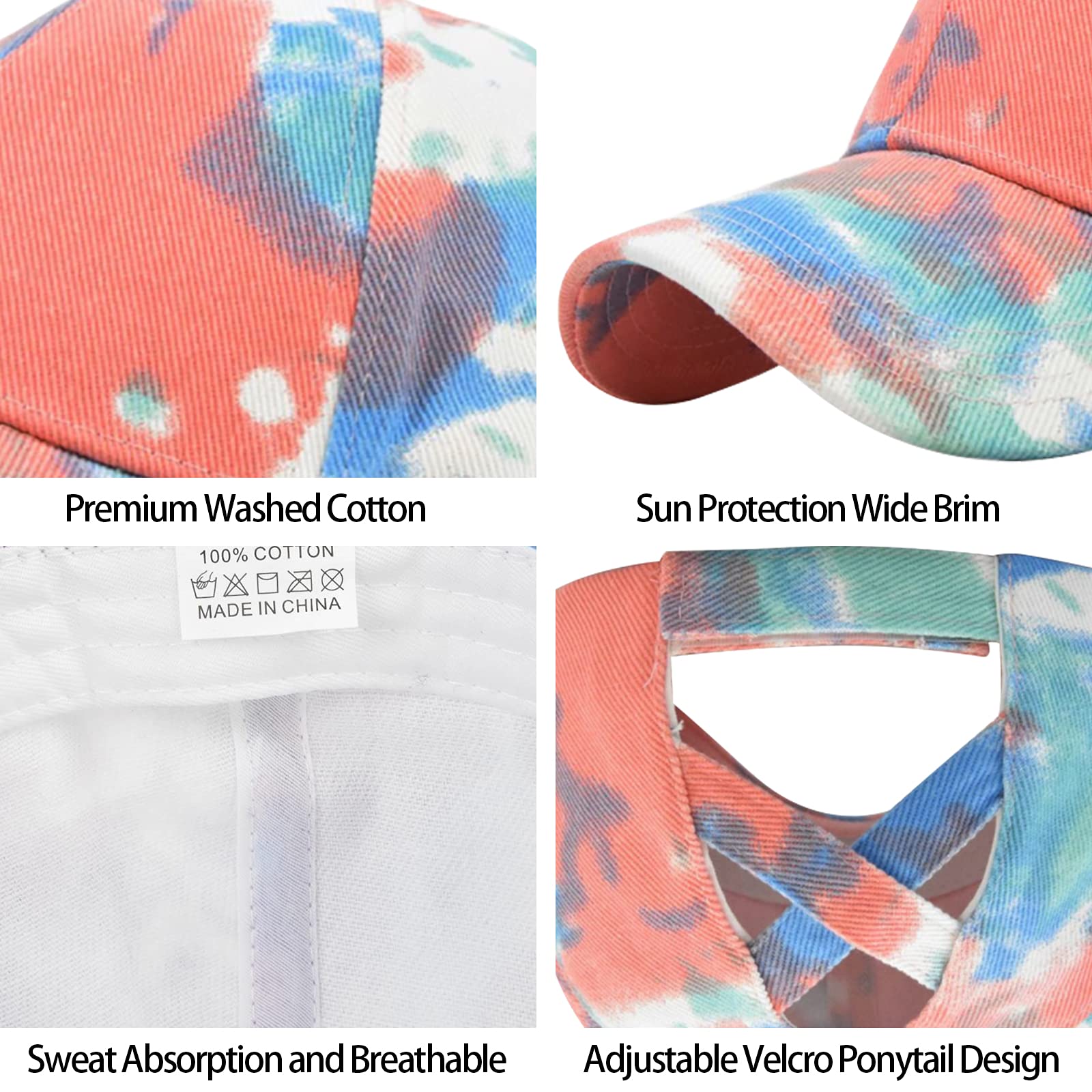 Ponytail Hat Baseball Cap for Women Criss Cross Adjustable Washed Tie Dye Messy Bun Trucker Dad Hat Ponycaps Womens Multicoloured