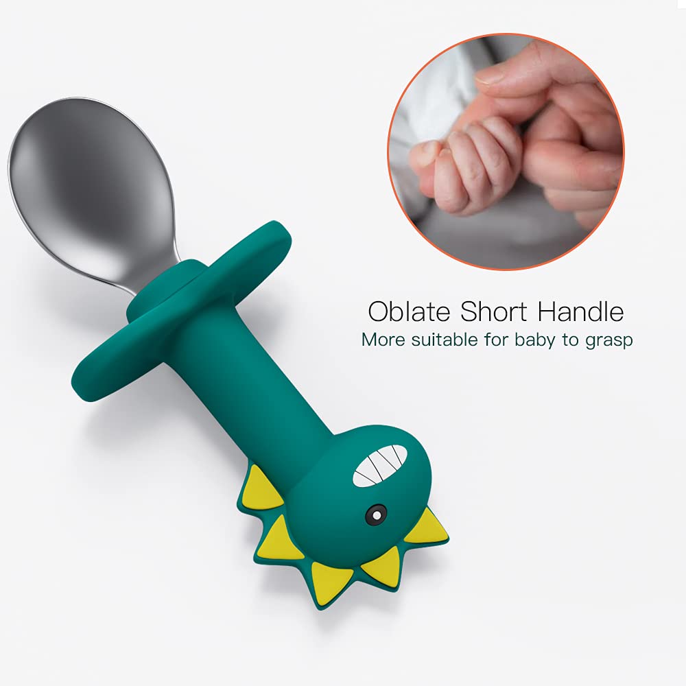 SFCCMM Toddler Utensils Stainless Steel Forks and Spoons Safe Children's Cutlery Set Handle Cartoon Cute for Baby (Green Dinosaur - Short)