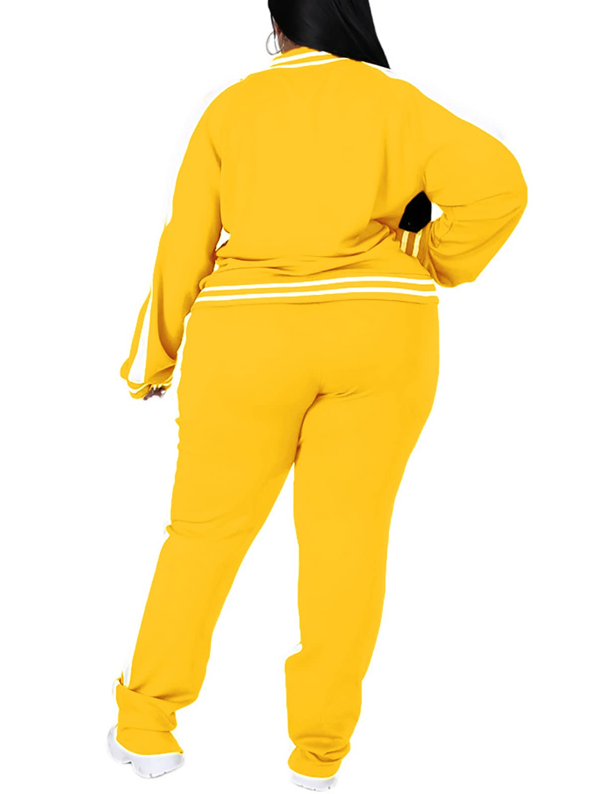 ThusFar Women Plus Size 2 Piece Outfits Jogging Suits - Stripe Long Sleeve Zipper Jacket + Skinny Sweatpants Tracksuits Set Yellow XXL