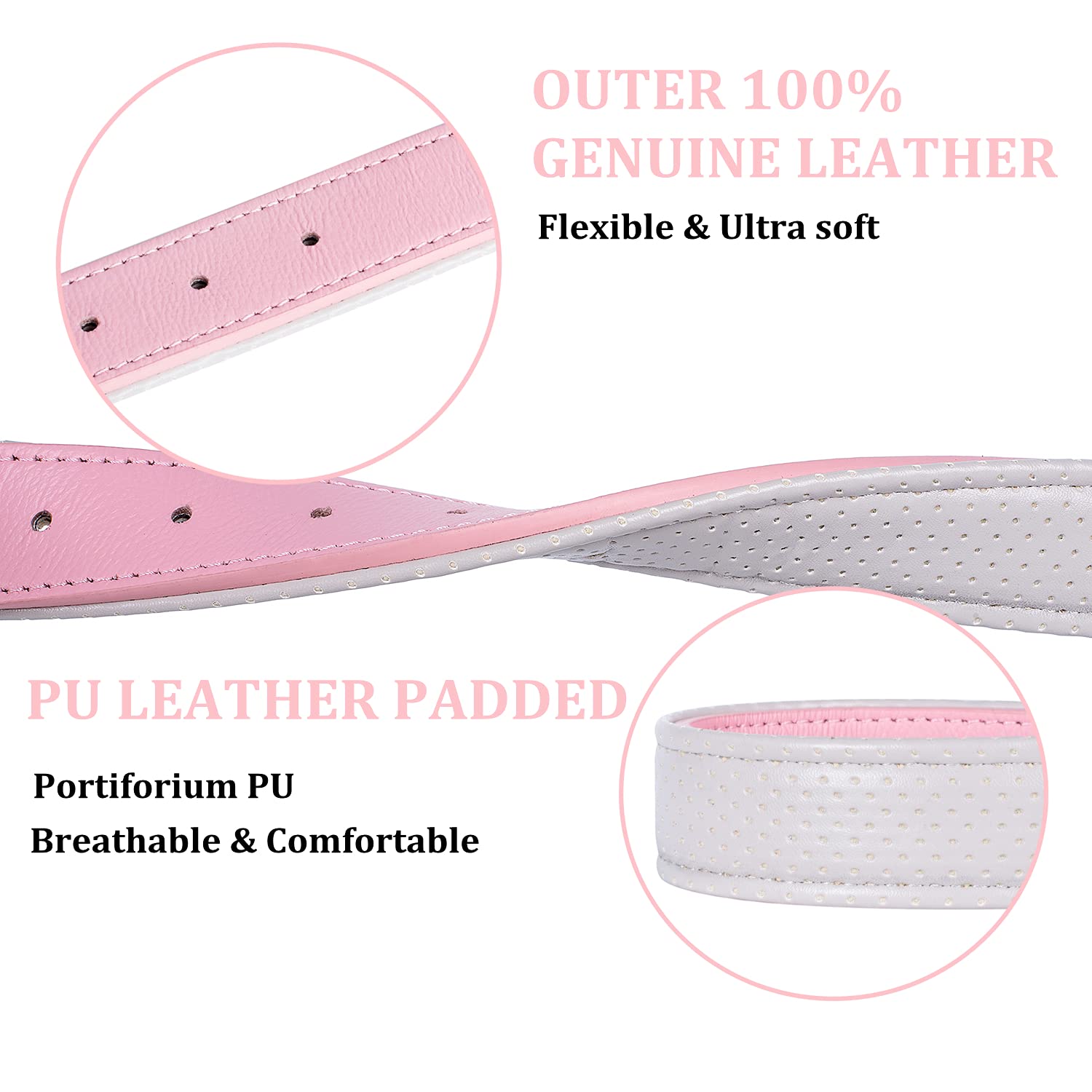 Poohoo Genuine Leather Dog Collar Soft & Breathable PU Leather Padded Metal Hardware Rust-Proof Heavy with Duty Dog Tag Ring for Medium Large X-Large Dogs (Medium, Pink)