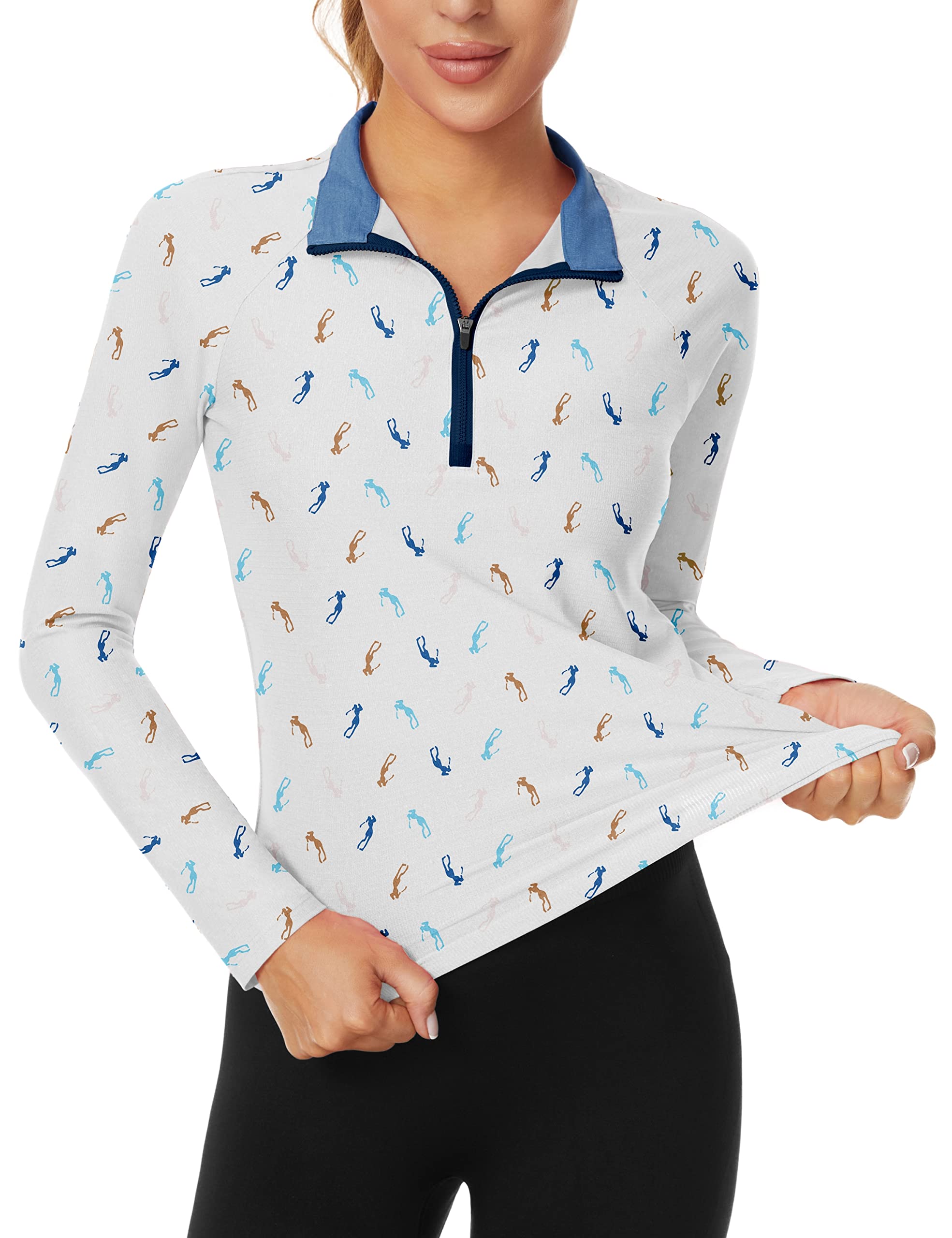 Women's Golf Shirt Long Sleeve 1/4 Zip Pullover Tennis Shirts Running Hiking Outdoor Tops (Print White, S)