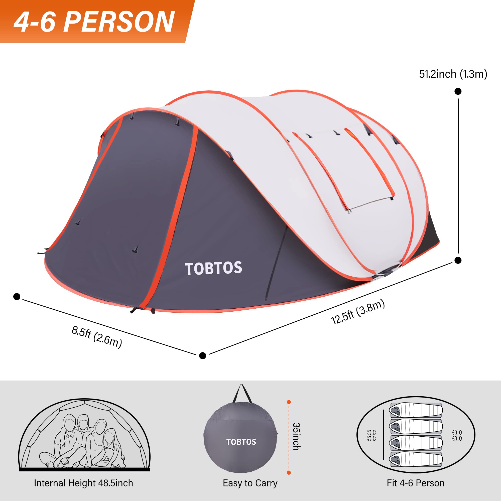 TOBTOS Pop Up Camping Tent 6 Person Double Layer with Vestibule, Automatic Setup Instant Tents for Camping Hiking and Outdoor for 2/3/4/5/6 People