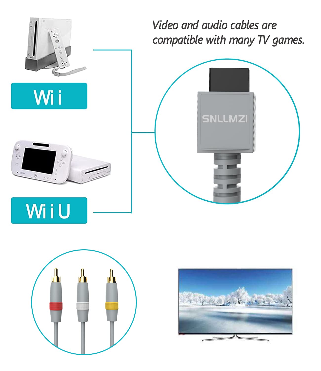 SNLLMZI AV Cable for Wii Wii U,6ft 1.8M Composite Retro 3 RCA Gold-Plated Cable for Nintendo Wii and Wii U